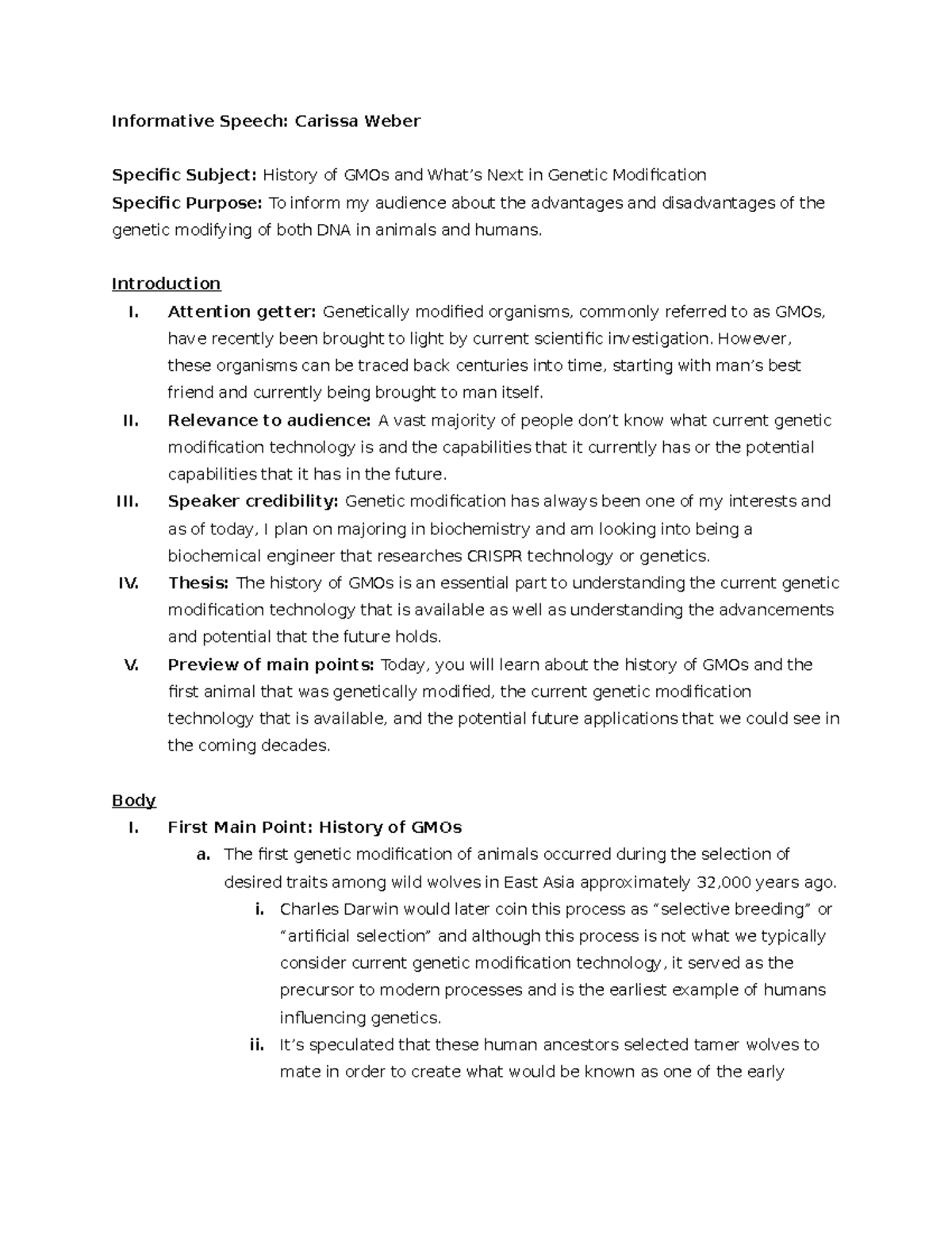 Informative Speech Preparation Outline - Informative Speech: Carissa ...