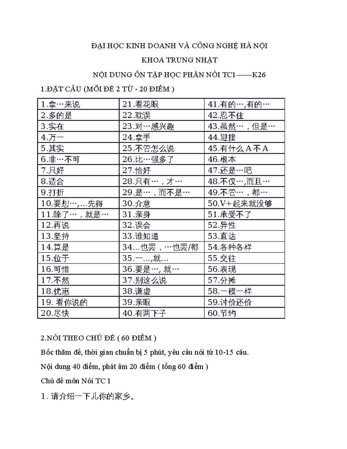 Nội dung ôn tập nói TC1 - ĐẠI HỌC KINH DOANH VÀ CÔNG NGHỆ HÀ NỘI KHOA TRUNG NHẬT NỘI DUNG ÔN ...