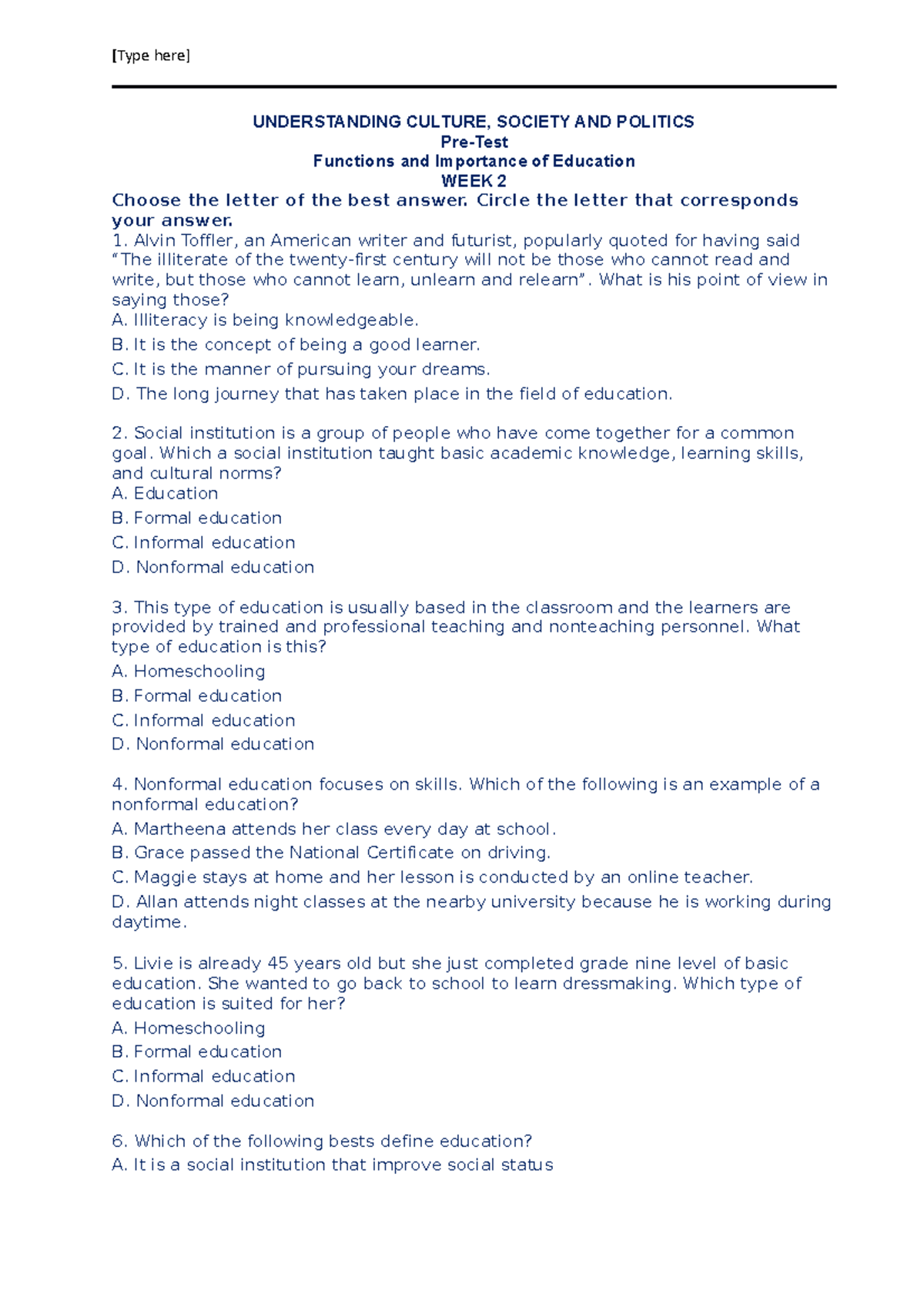 Functions of Education - [Type here] UNDERSTANDING CULTURE, SOCIETY AND ...