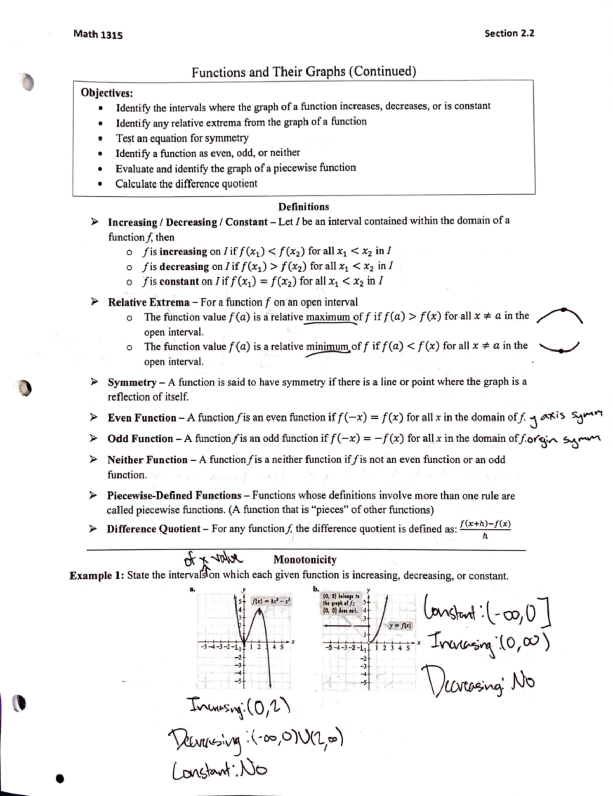 2.2 notes - functions and their graphs (continued) - 0 - Math 1315 ...