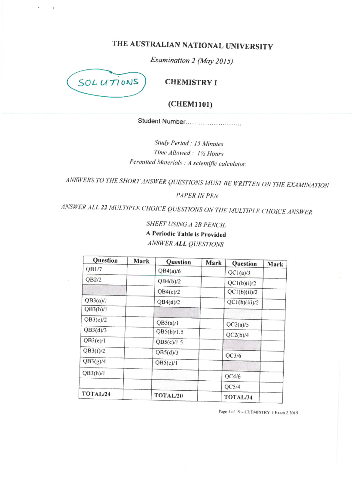 2015 CHEM1101 test 2 solutions - CHEM1101 - Studocu