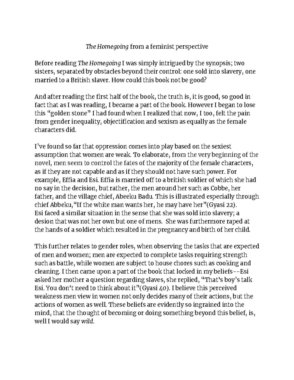 Blog #1 The Homegoing - The Homegoing from a feminist perspective ...