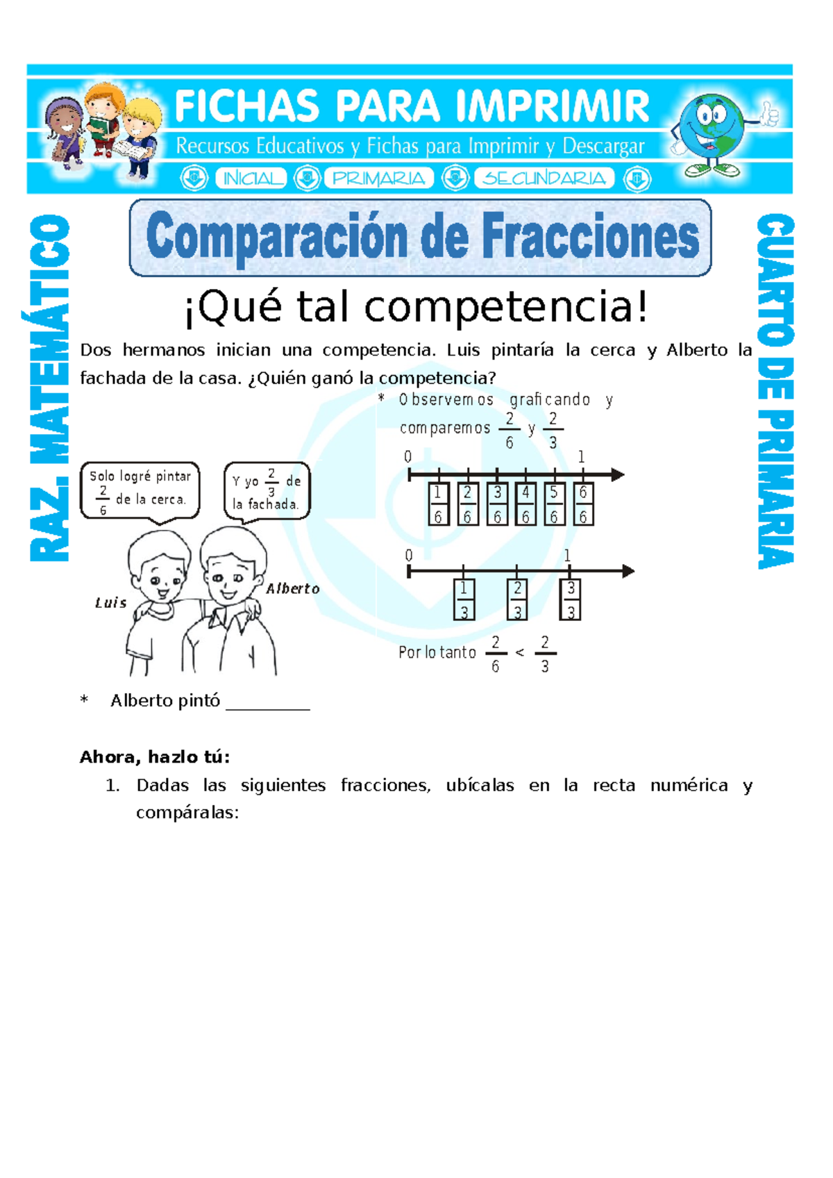 Comparación de fracciones Ejercicios para Cuarto de Primaria - ¡Qué tal ...