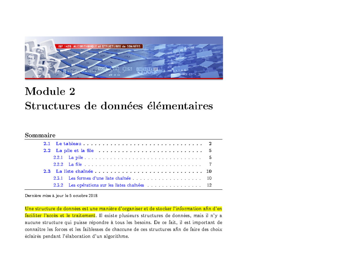 INF1425 Module 2 Oct2018 - Module 2 Structures de donn ́ees ́el ...
