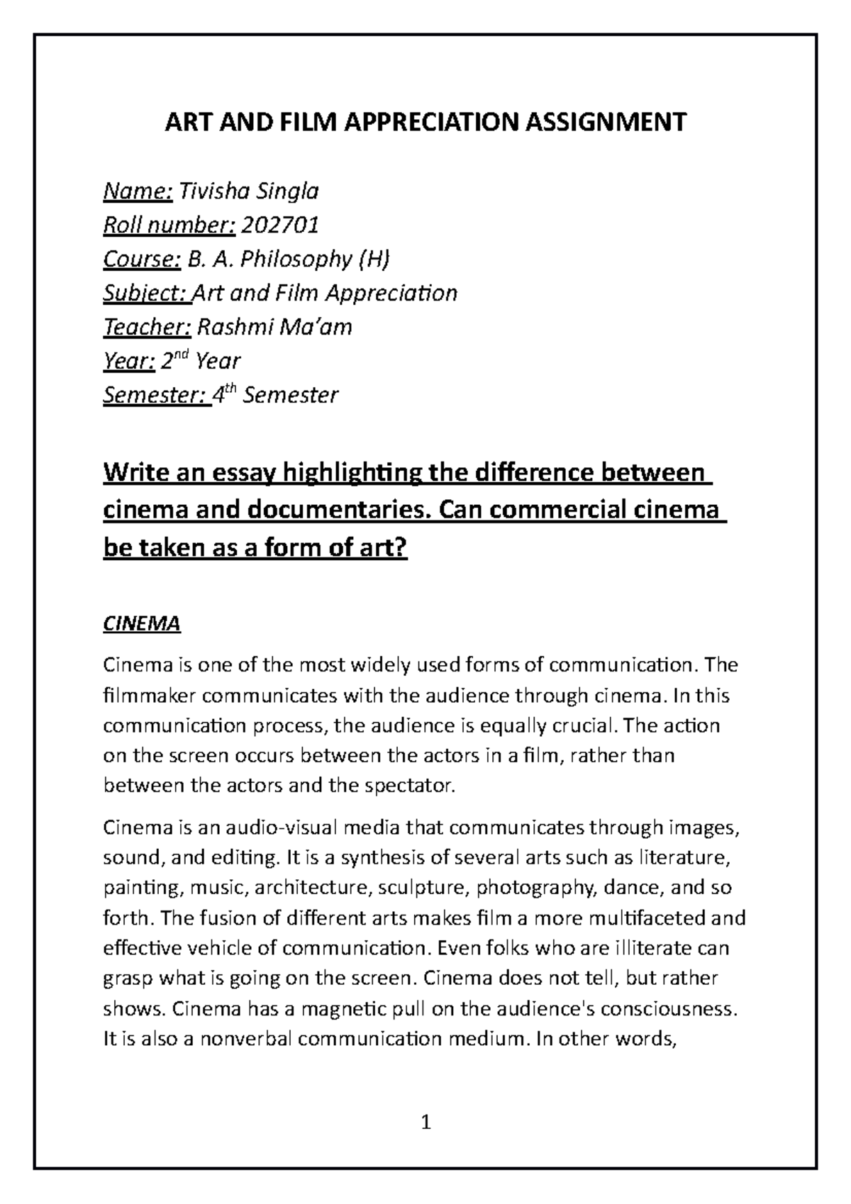 Film Appreciation Example at Shirl Ketner blog