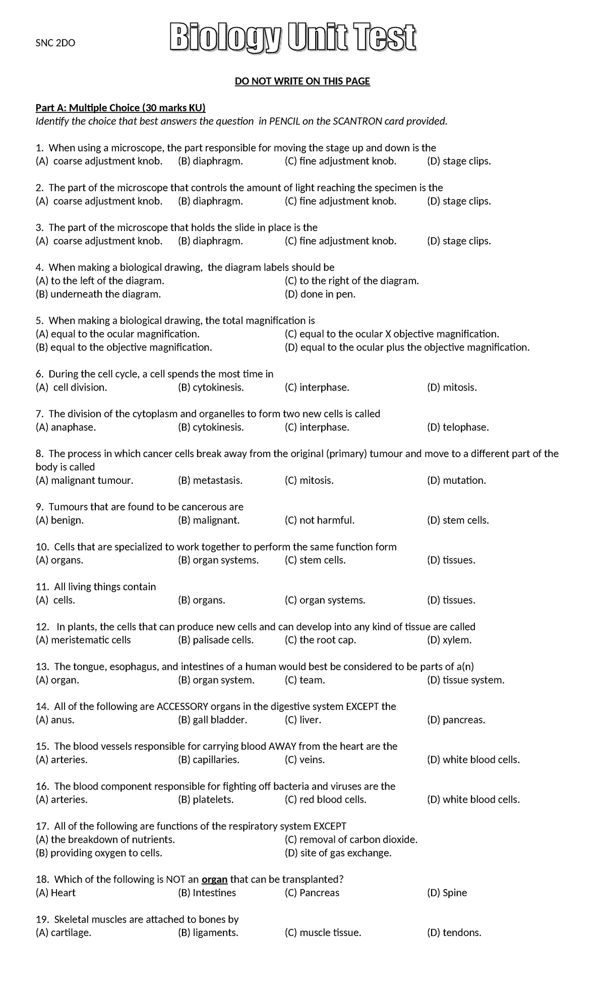 TEST Biology Multiple Choiceoct 2014 - SNC 2DO DO NOT WRITE ON THIS ...
