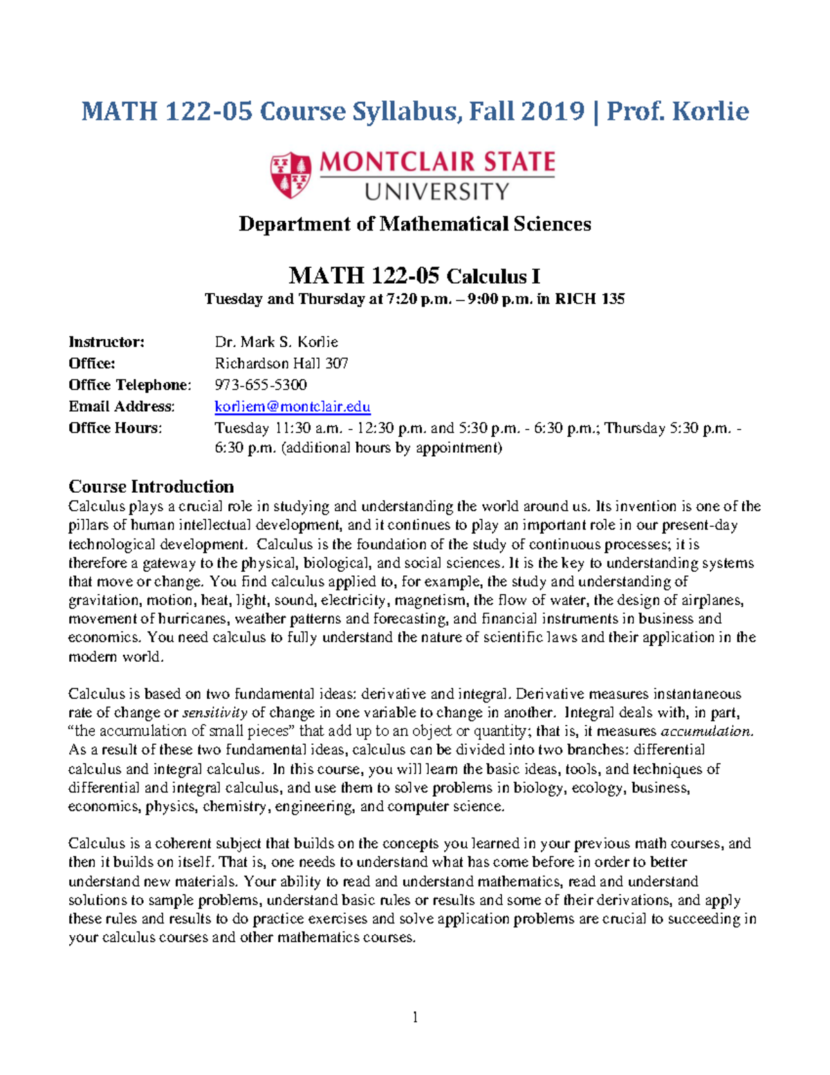 MATH 122 05 Calculus - MATH 122-05 Course Syllabus, Fall 2019 | Prof ...