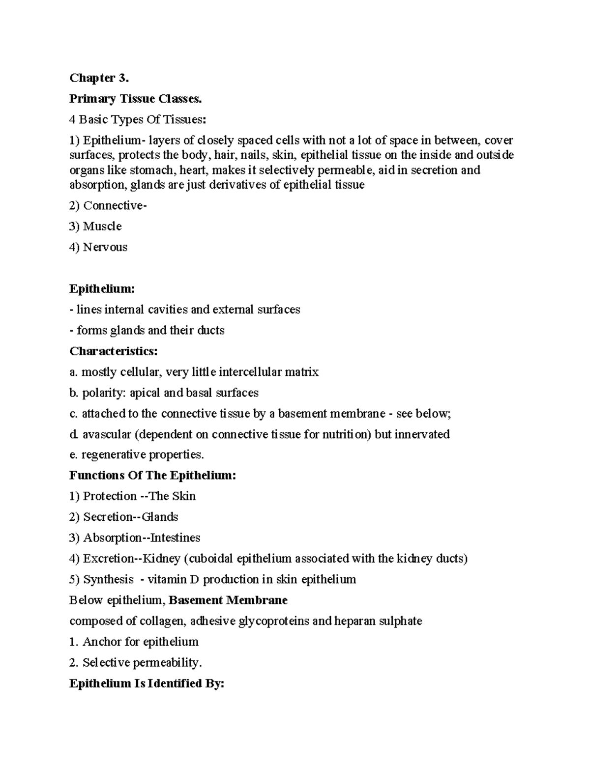 Tissues Notes - Chapter 3. Primary Tissue Classes. 4 Basic Types Of ...