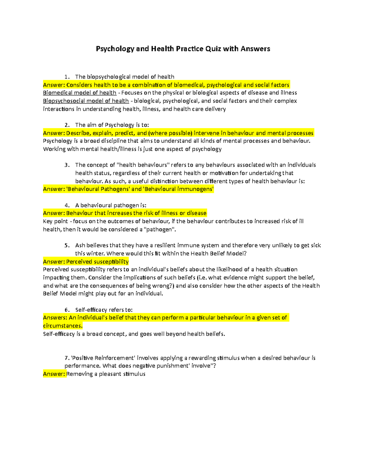 Psychology and Health Practice Quiz with Answers - Working with mental ...