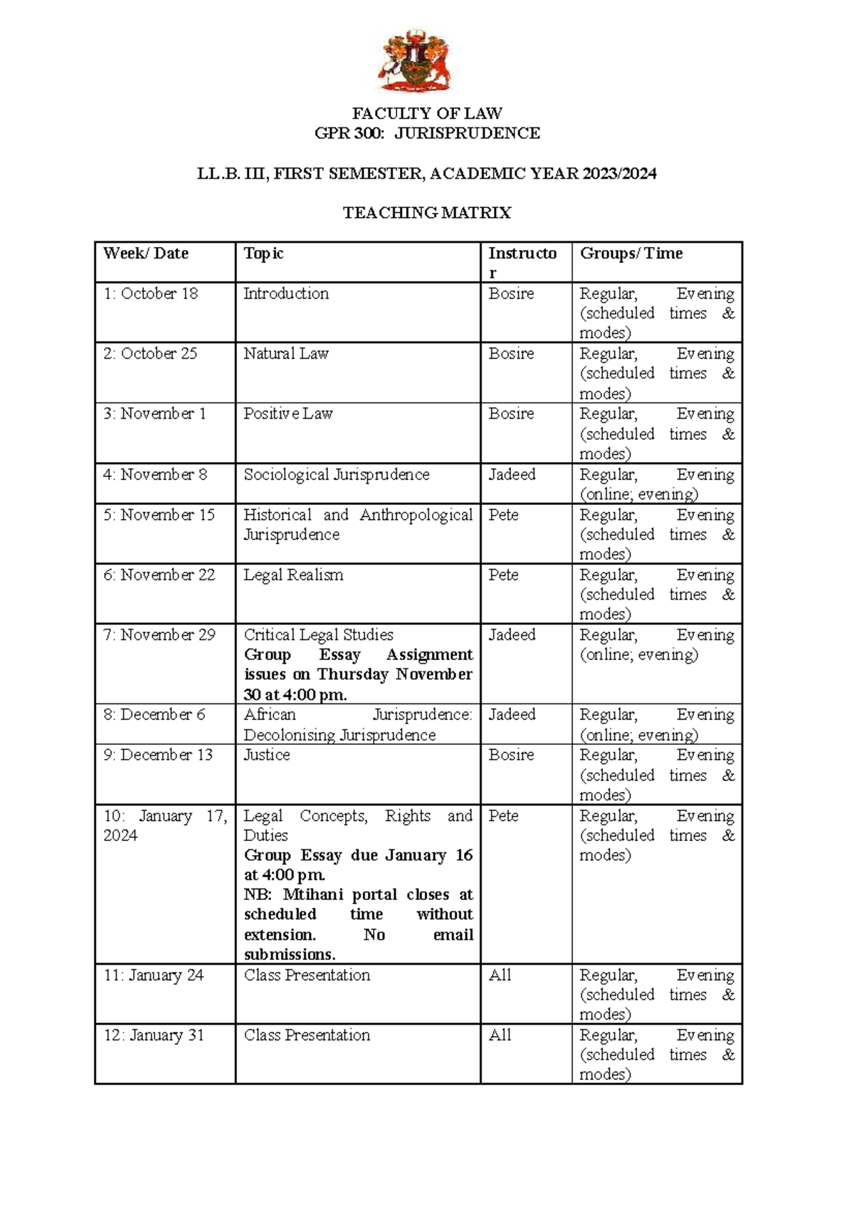 2023 2024Jurisprudence Teaching Matrix - FACULTY OF LAW GPR 300 ...