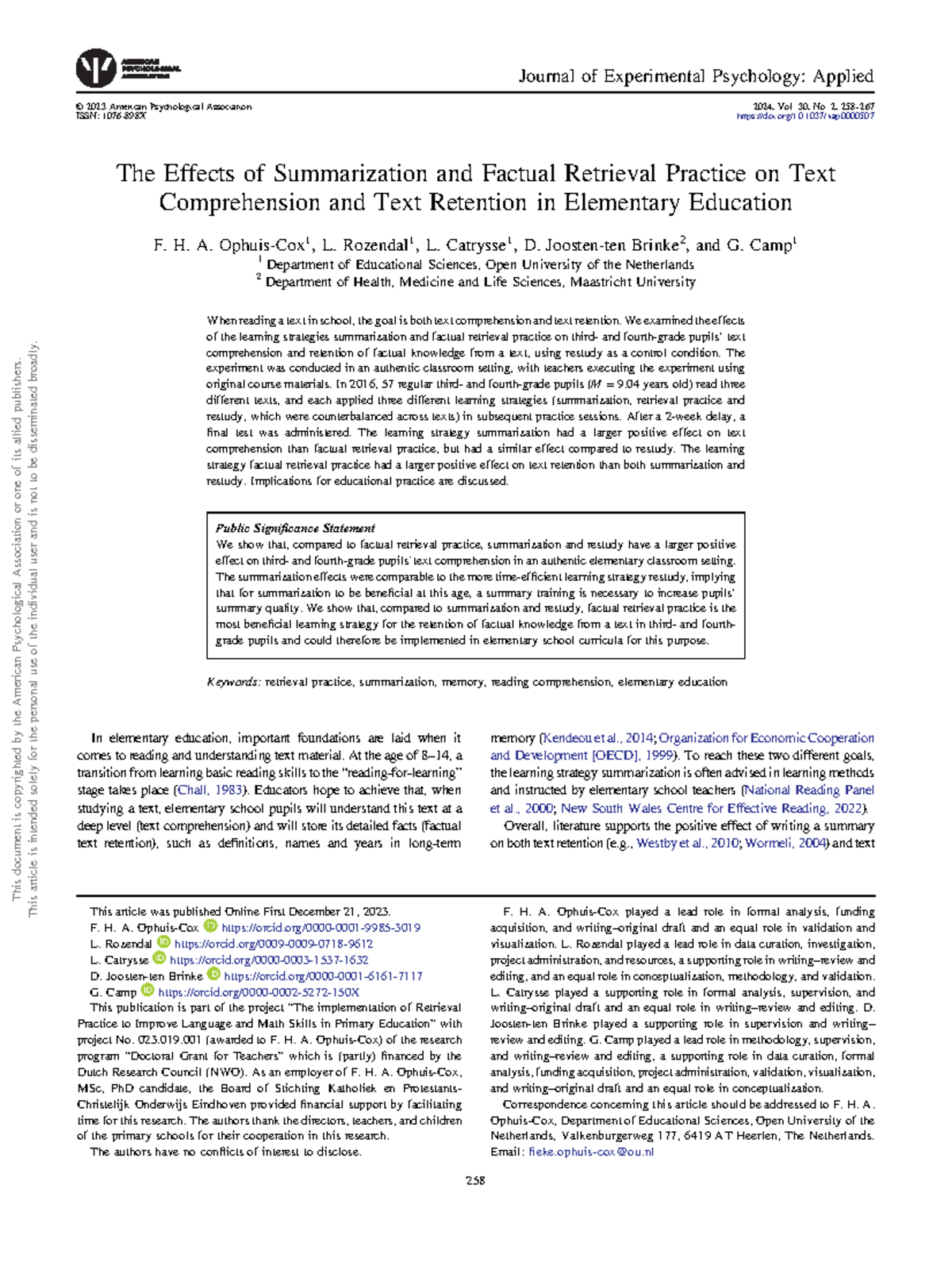 Comprehension Summarizing Strategy Article - The Effects of ...