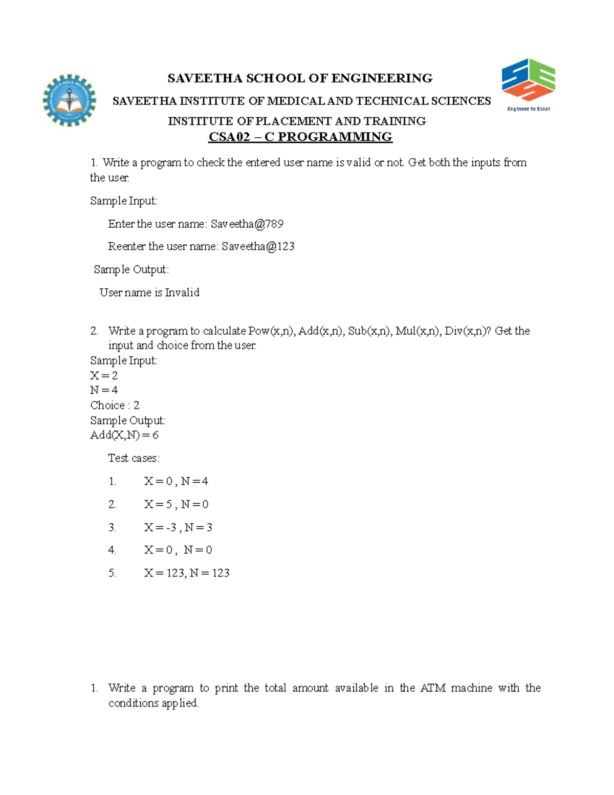 C PROG SET1 - sample - SAVEETHA INSTITUTE OF MEDICAL AND TECHNICAL ...