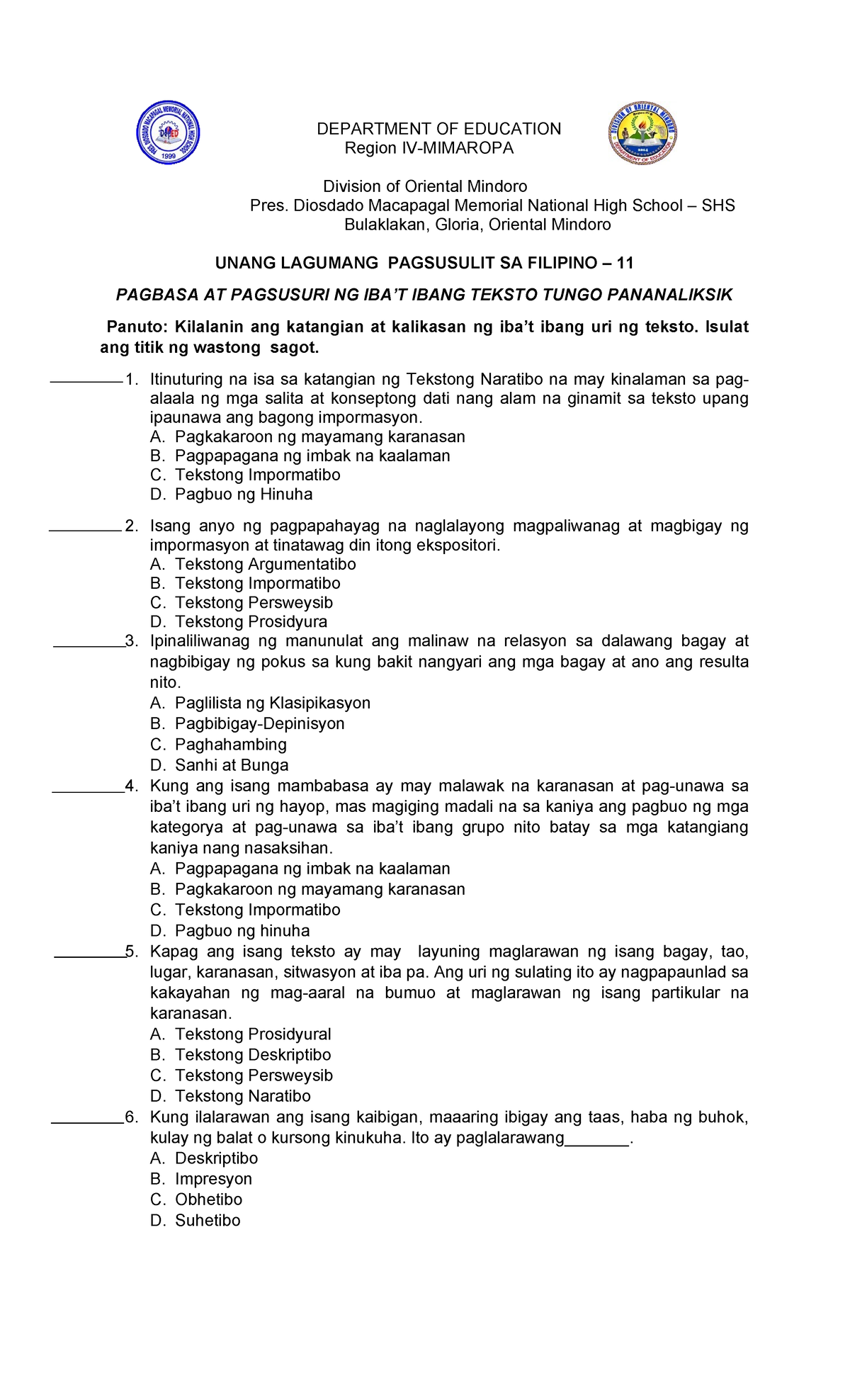 411764521 3rd Quarterly Exam Sa Pagbasa at Pagsusuri Ng Iba t Ibang ...