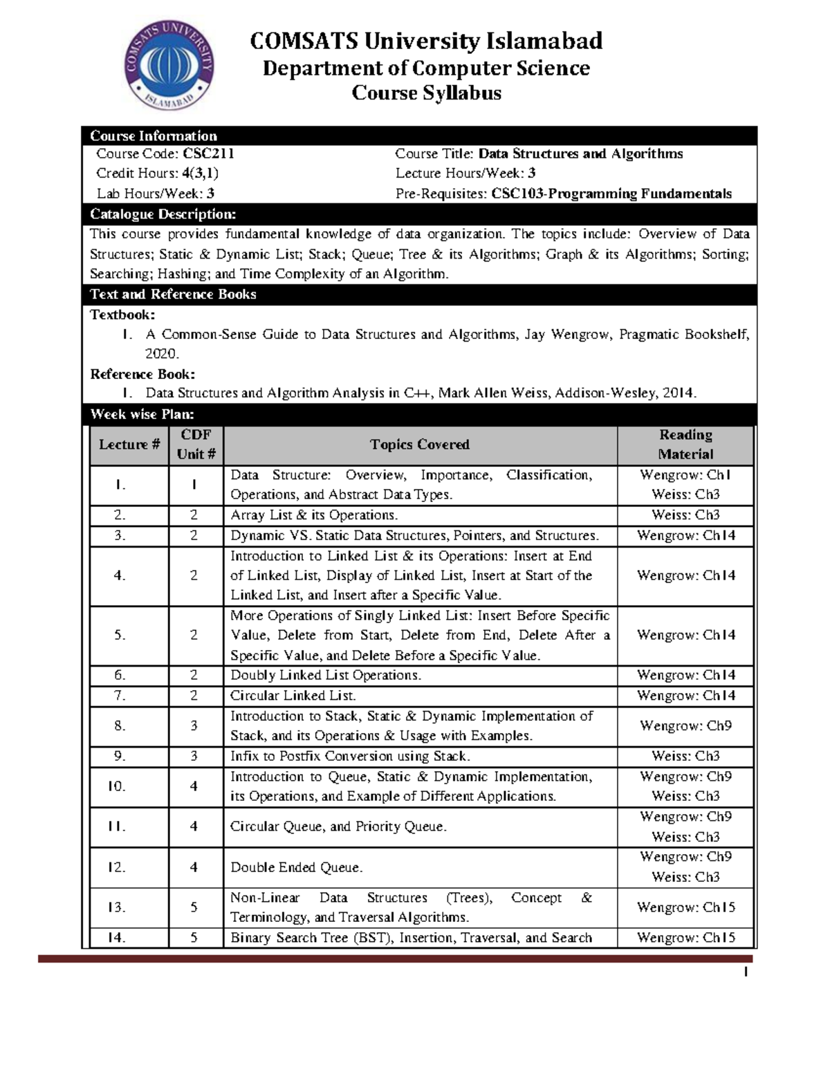 CSC211 Syllabus Fall 23 - Course Information Course Code: CSC211 Course ...