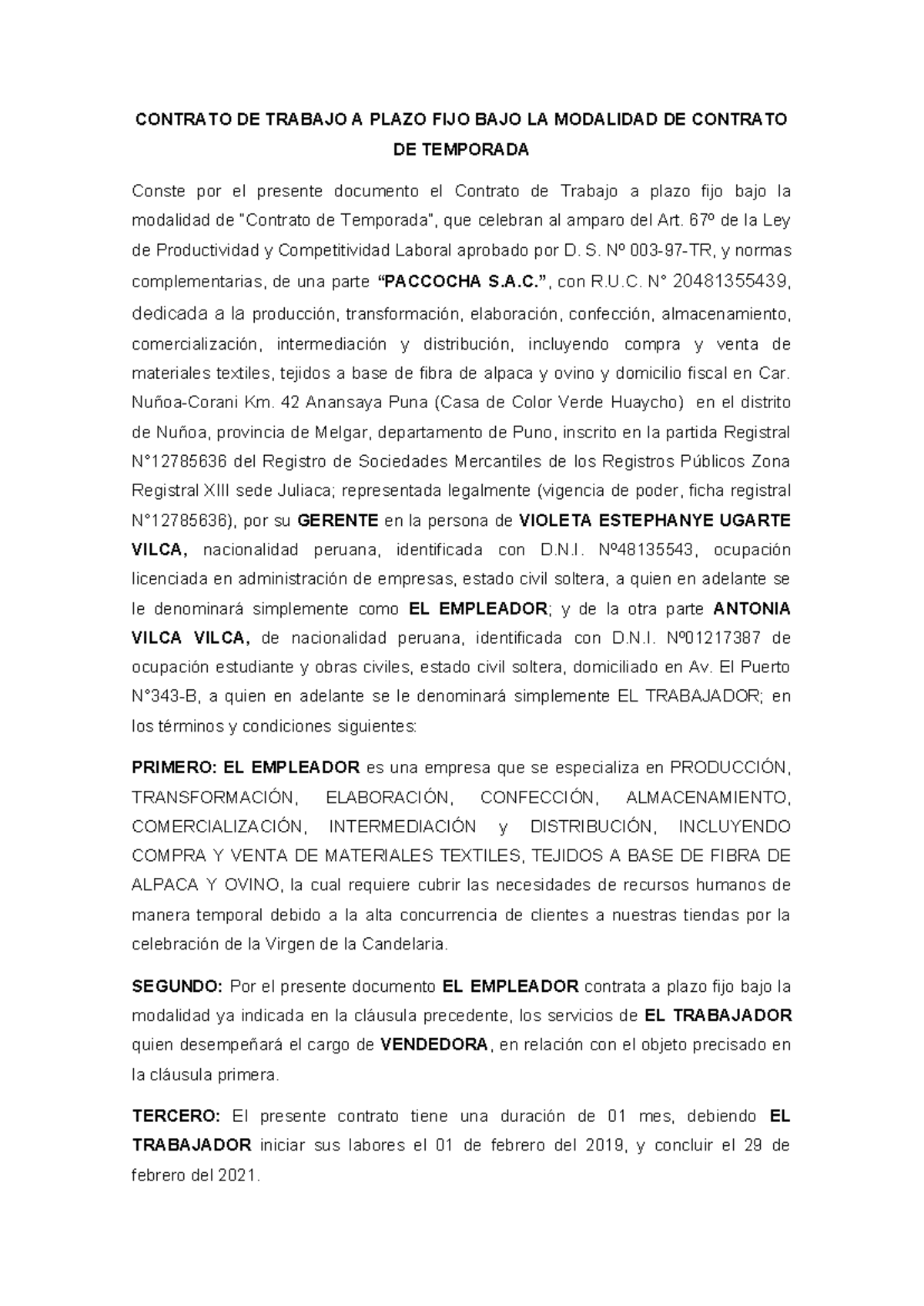09 - CONTRATO TEMPORAL - CONTRATO DE TRABAJO A PLAZO FIJO BAJO LA MODALIDAD DE CONTRATO DE ...