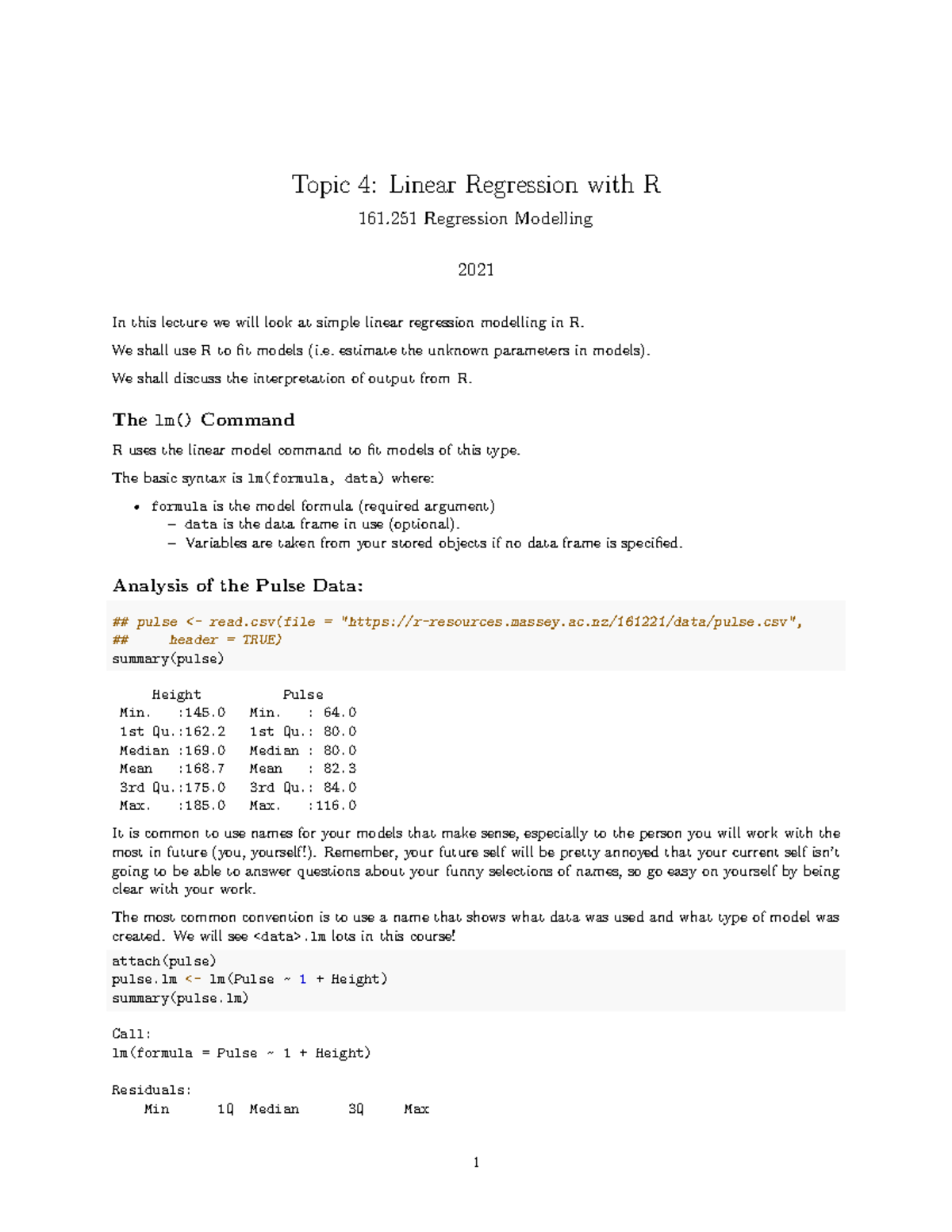 Topic 4 Lecture Notes Topic 4 Linear Regression With R 161 Regression Modelling 2021 In 