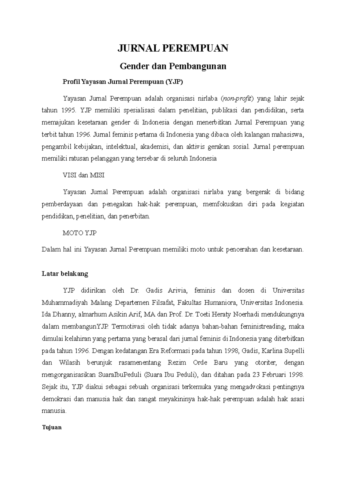 Jurnal Perempuan (Ilmu Sosial dan Budaya Dasar) - JURNAL PEREMPUAN Gender dan Pembangunan Profil ...