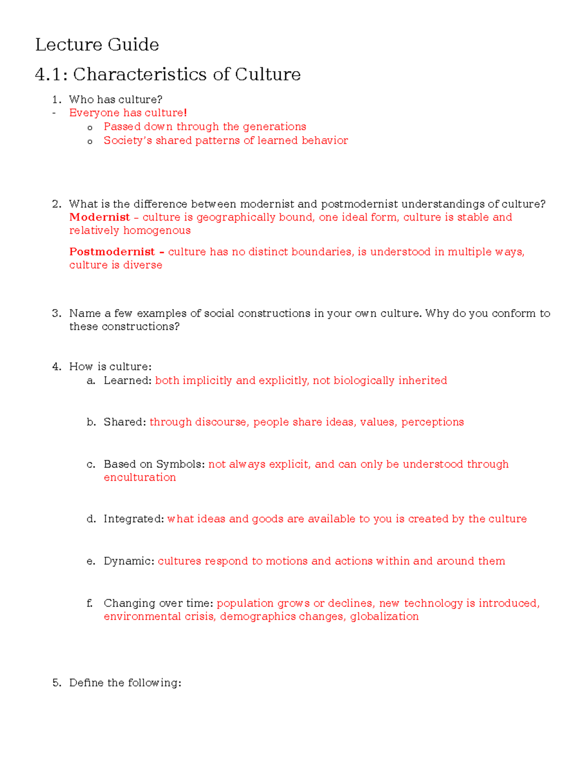 Lecture Guide 4.1 Characteristics of Culture - Lecture Guide 4 ...