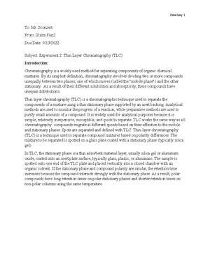 Lab 2 TLC Experiment (F22) - Thin Layer Chromatography (TLC ...