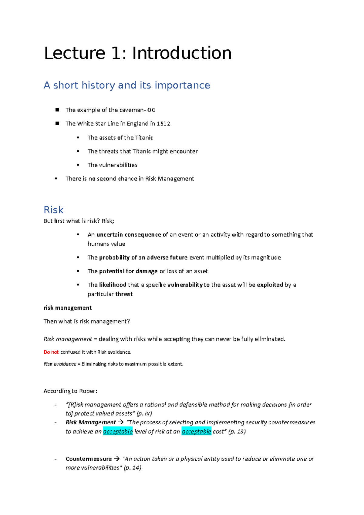 Security risk management notes - Lecture 1: Introduction A short ...