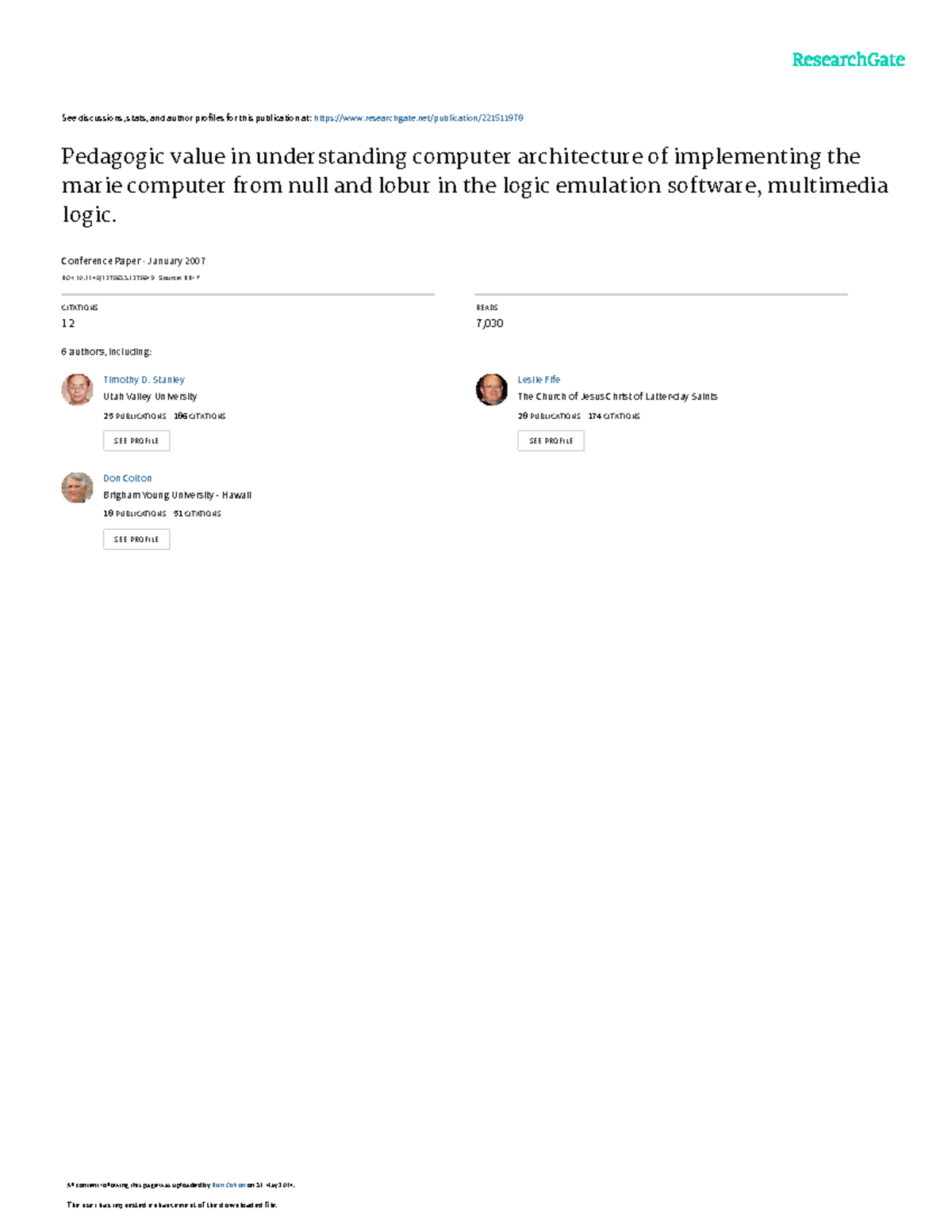 Pedagogic Value In Understanding Computer Architecture Of Implementing