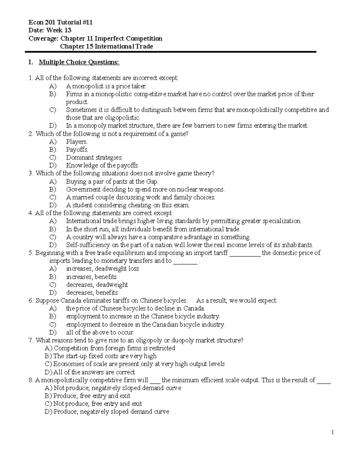 201 Tutorial 11 Econ201 Tutorial Questions Econ 201 Tutorial Date Week 13 Coverage 5364
