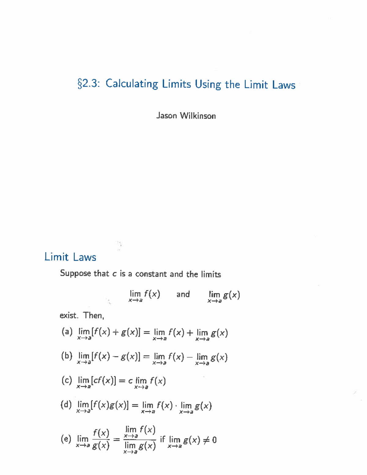 2.3 Notes - Calculating Limts with Limts Law - Math 2A - Warning ...