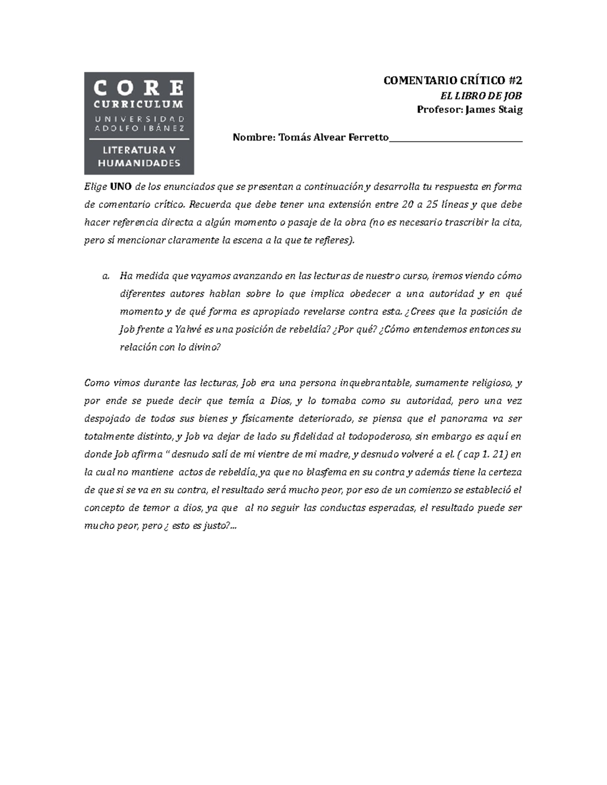 CC3 Job - ensayo - COMENTARIO CRÍTICO EL LIBRO DE JOB Profesor: James ...