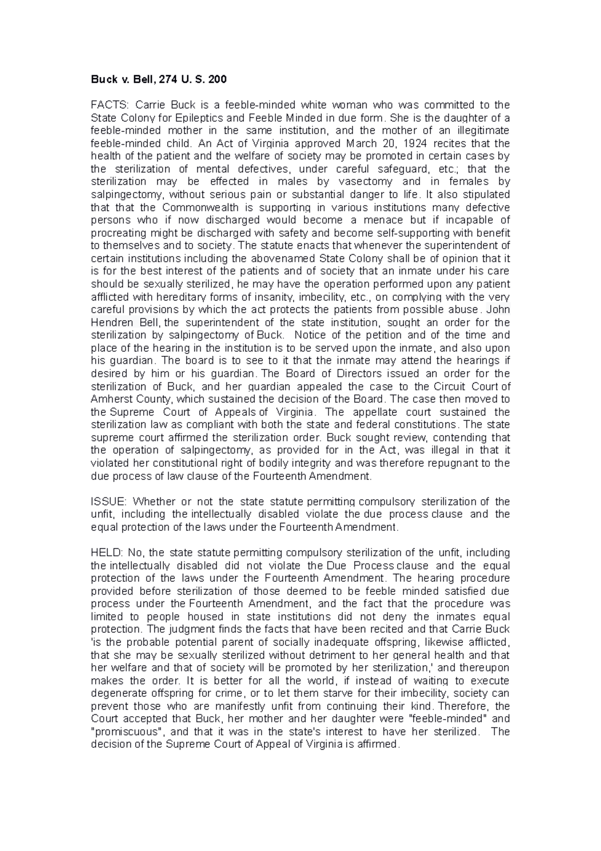 Buck-v-Bell - Case Digest - Buck v. Bell, 274 U. S. 200 FACTS: Carrie ...