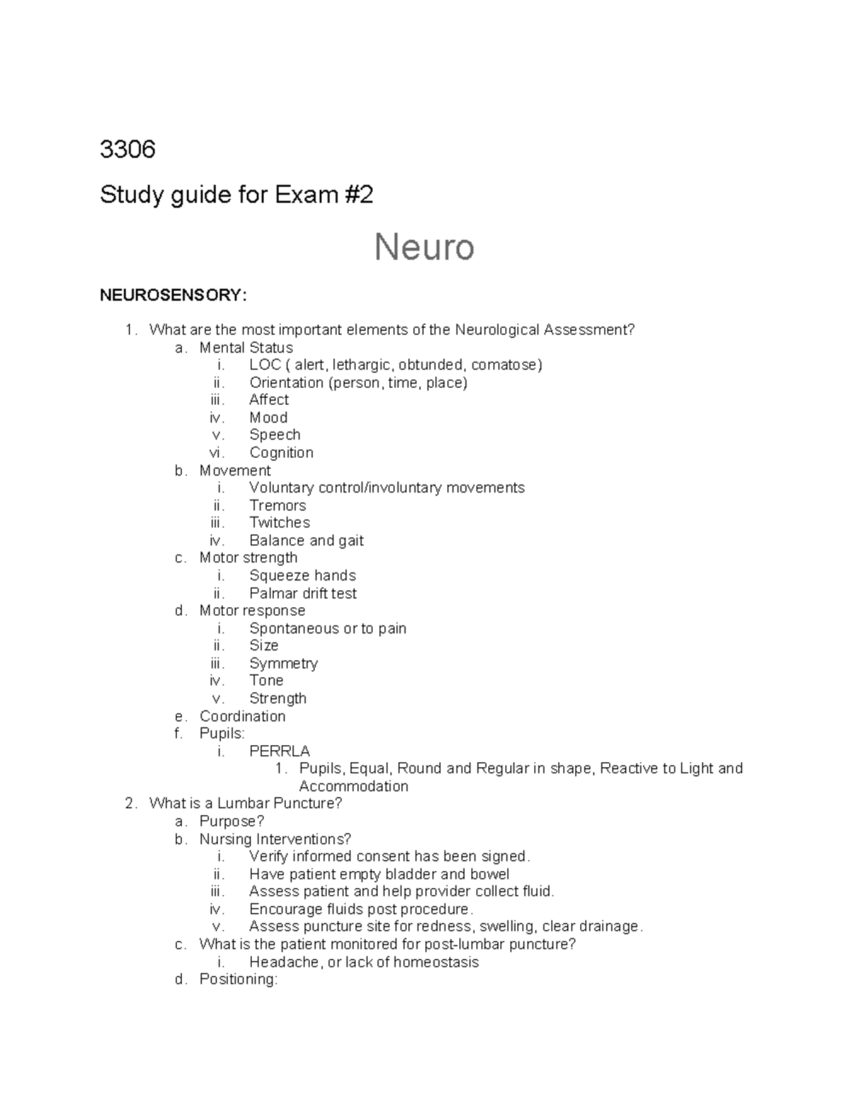 Exam 2 Study Guide Neuro Cardiac - 3306 Study guide for Exam Neuro ...