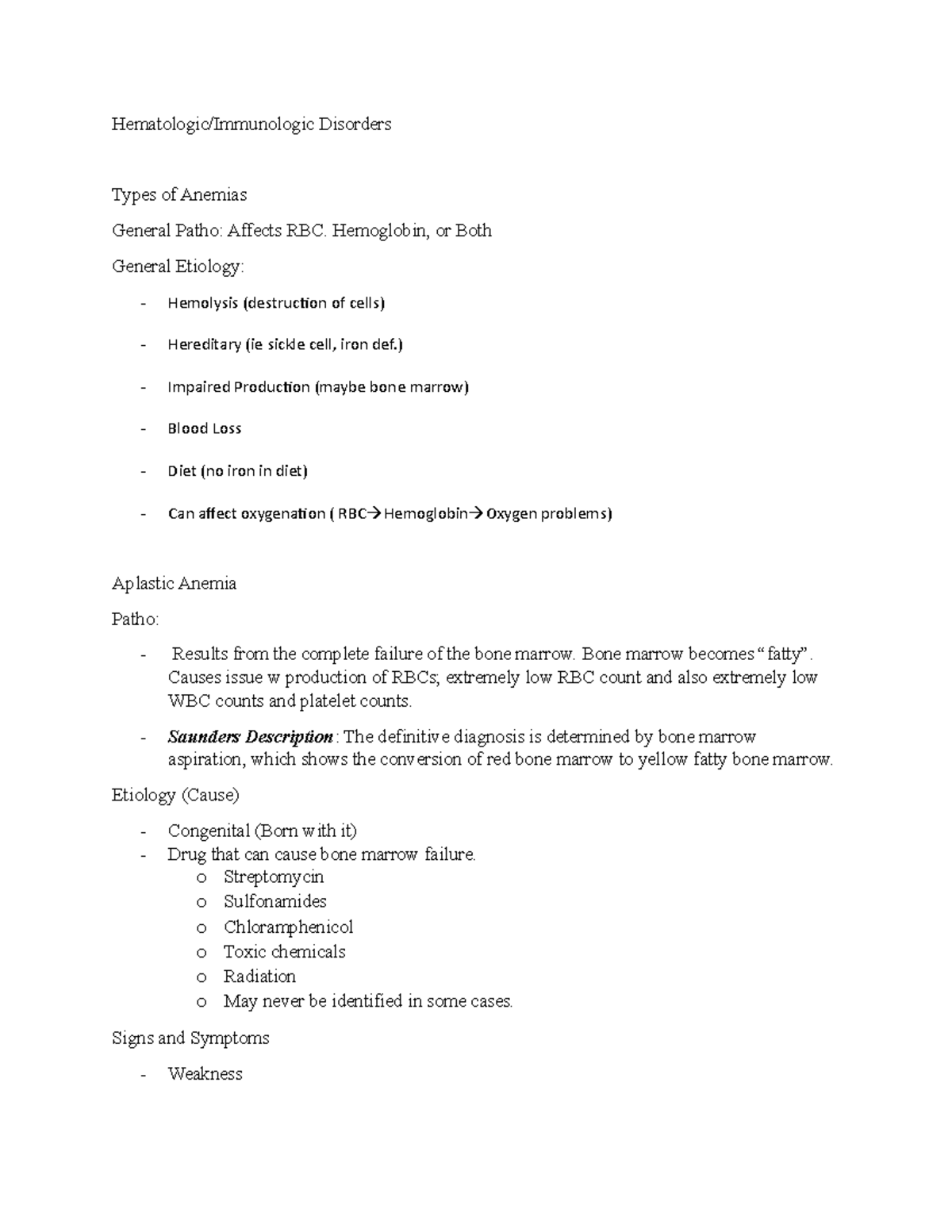 Hema-Immun Notes - vbbb - Hematologic/Immunologic Disorders Types of ...