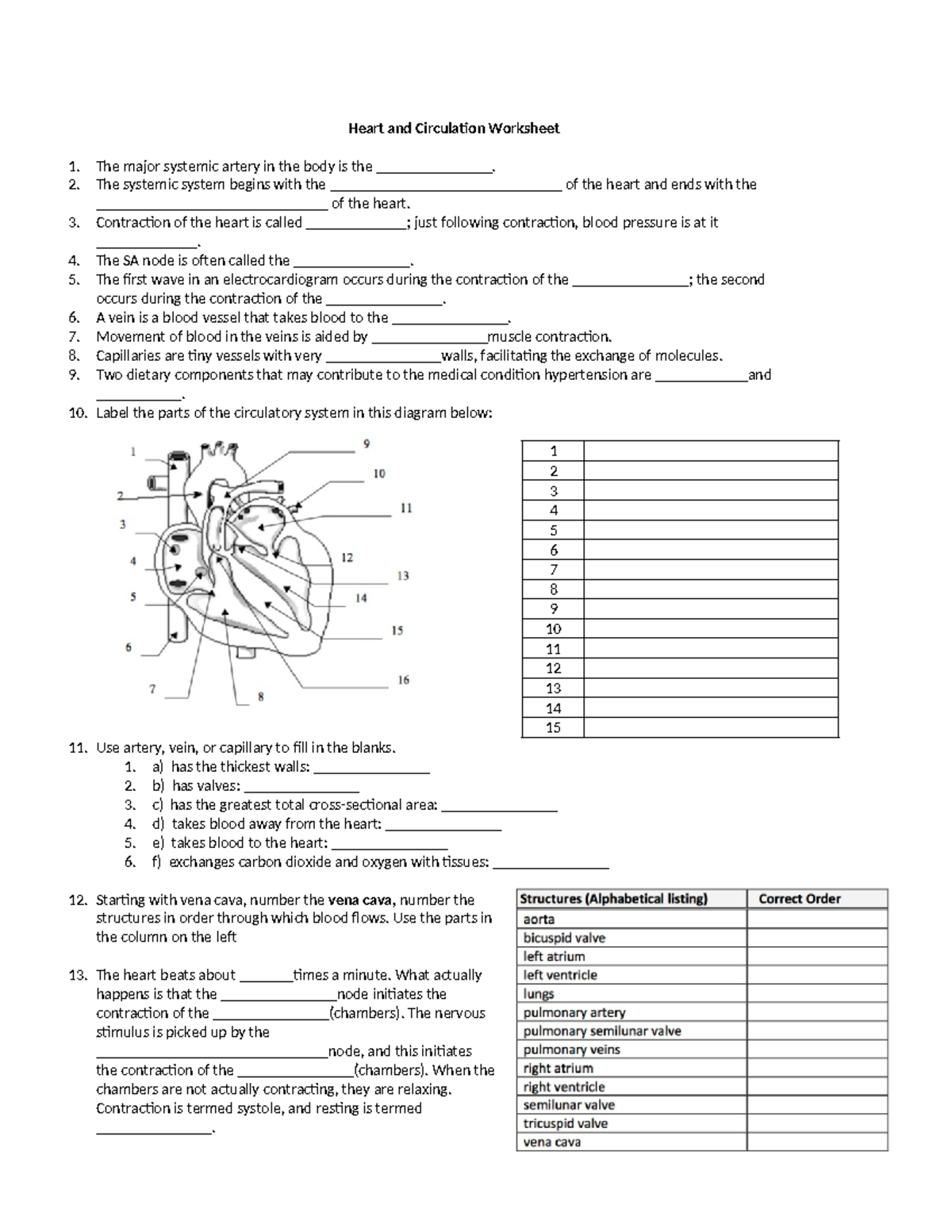 Heart and Circulation Worksheet - The systemic system begins with the