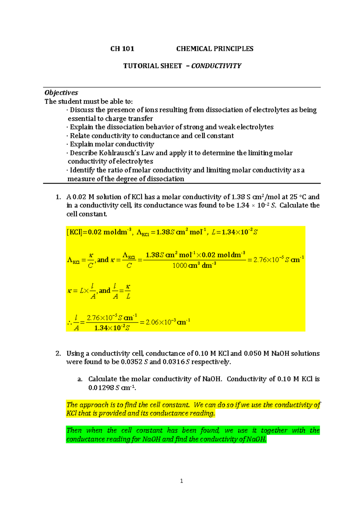 Conductivity Tutorial Sheet - Answered - 1 CH 101 CHEMICAL PRINCIPLES ...