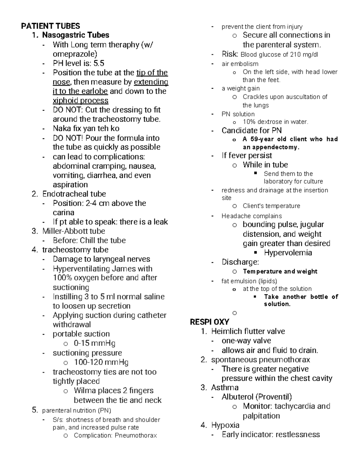 TFN Summary/ Notes - PATIENT TUBES 1. Nasogastric Tubes - With Long ...