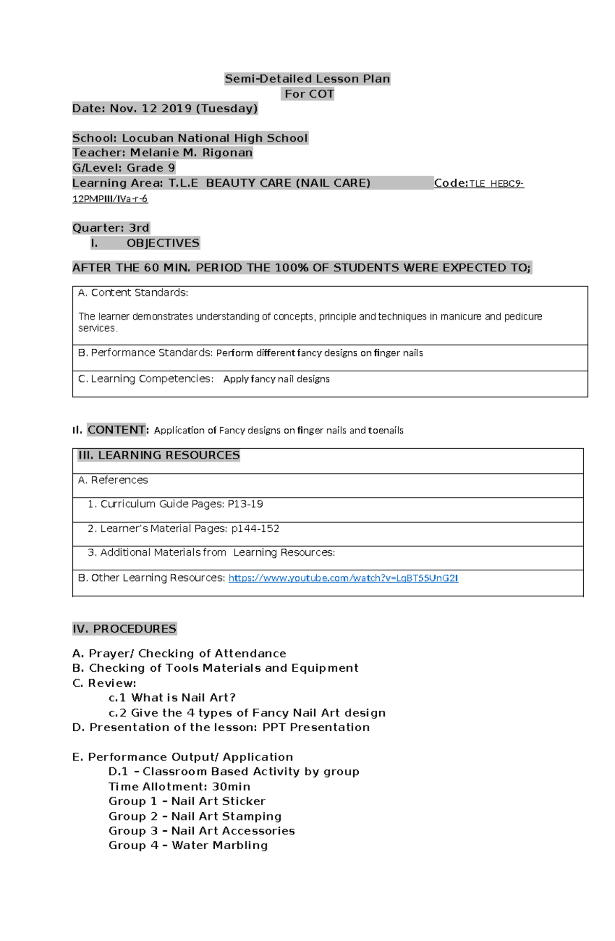 Cot beauty care - none - Semi-Detailed Lesson Plan For COT Date: Nov ...