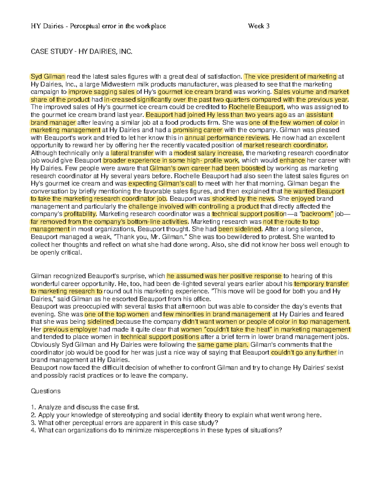 CASE Study - Perceptual Errors in the Workplace - HY Dairies ...