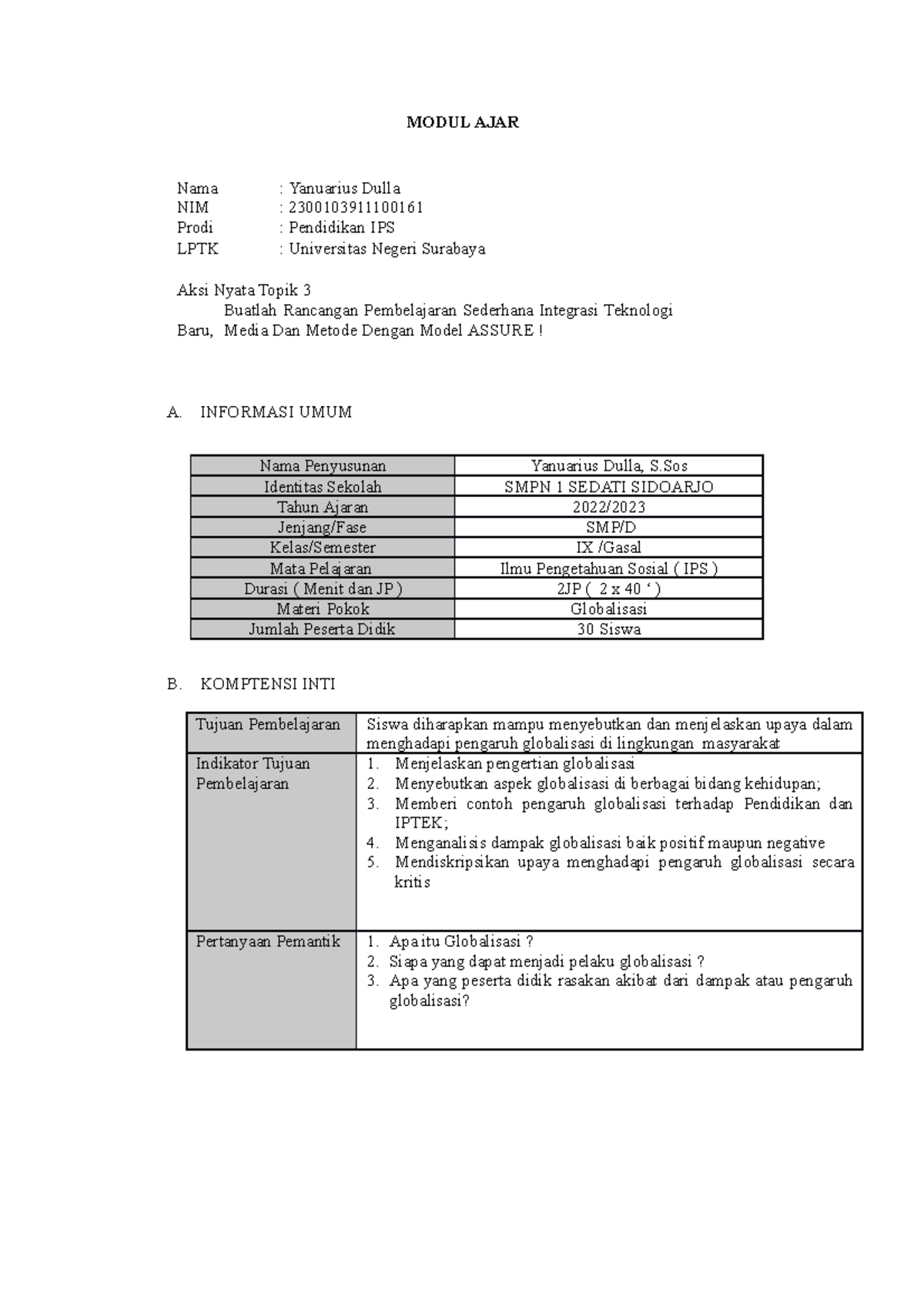 Modul AJAR - MODUL AJAR Nama : Yanuarius Dulla NIM : 2300103911100161 Prodi : Pendidikan IPS ...