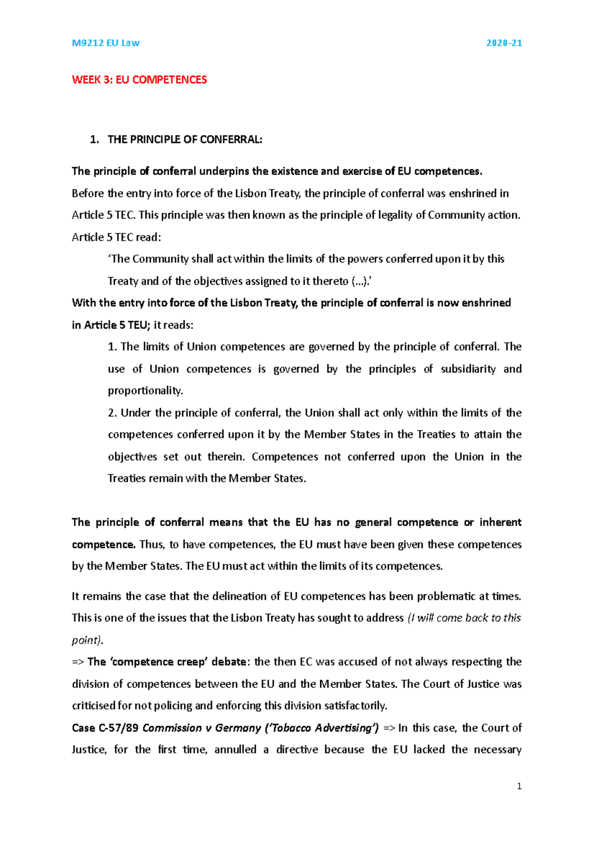 3 - EU Competences - Lecture notes 3 - WEEK 3: EU COMPETENCES 1. THE ...