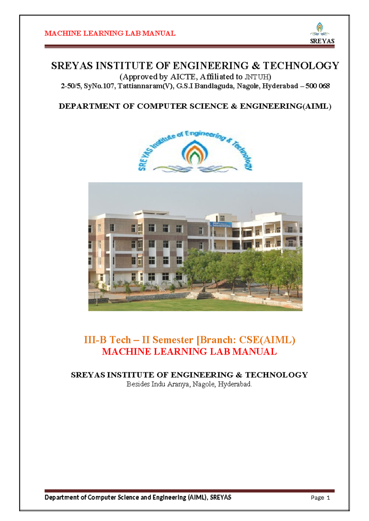 ML Lab Manual AIML - good - SREYAS SREYAS INSTITUTE OF ENGINEERING ...