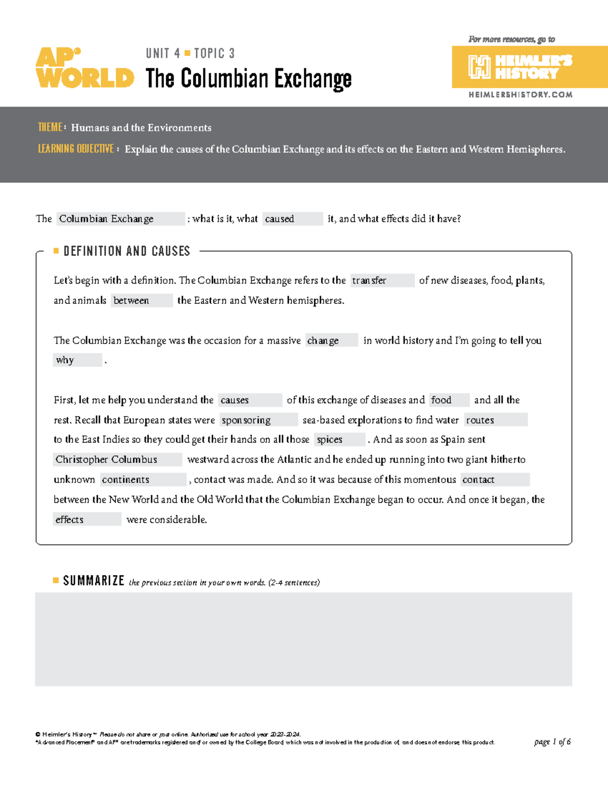 AP World Unit 4 Topic 3 Note Guide Answer Key - The Columbian Exchange ...