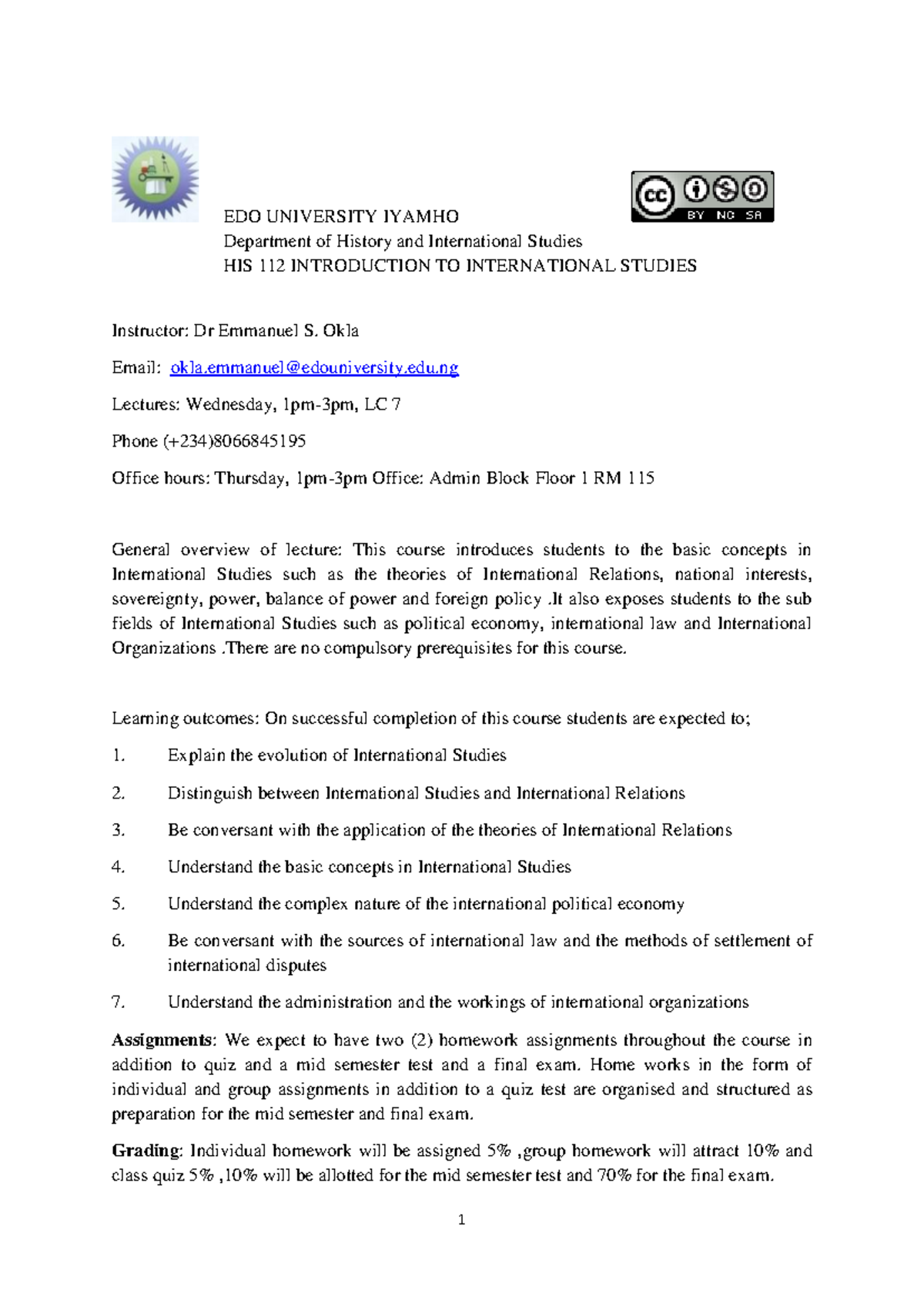 Introduction to international studies - EDO UNIVERSITY IYAMHO Department of History and - Studocu