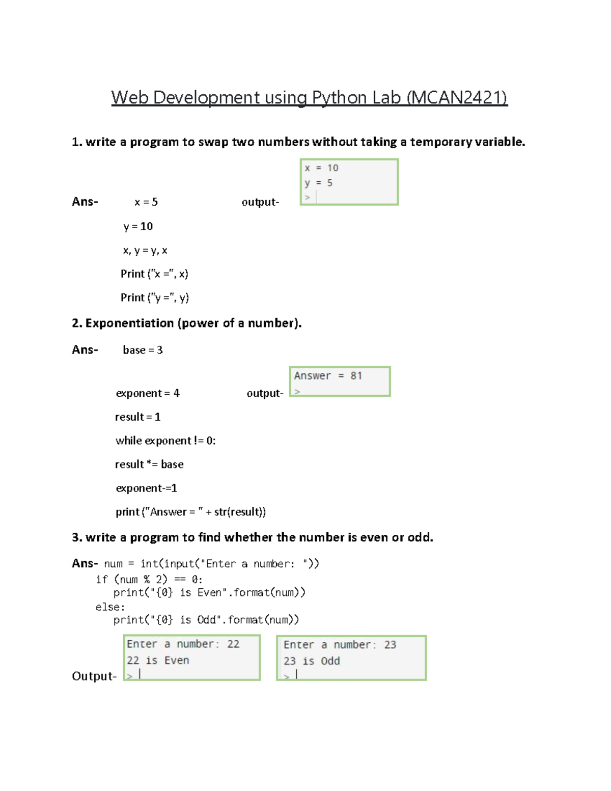 Web Development using Python Lab (MCAN2421) - write a program to swap ...