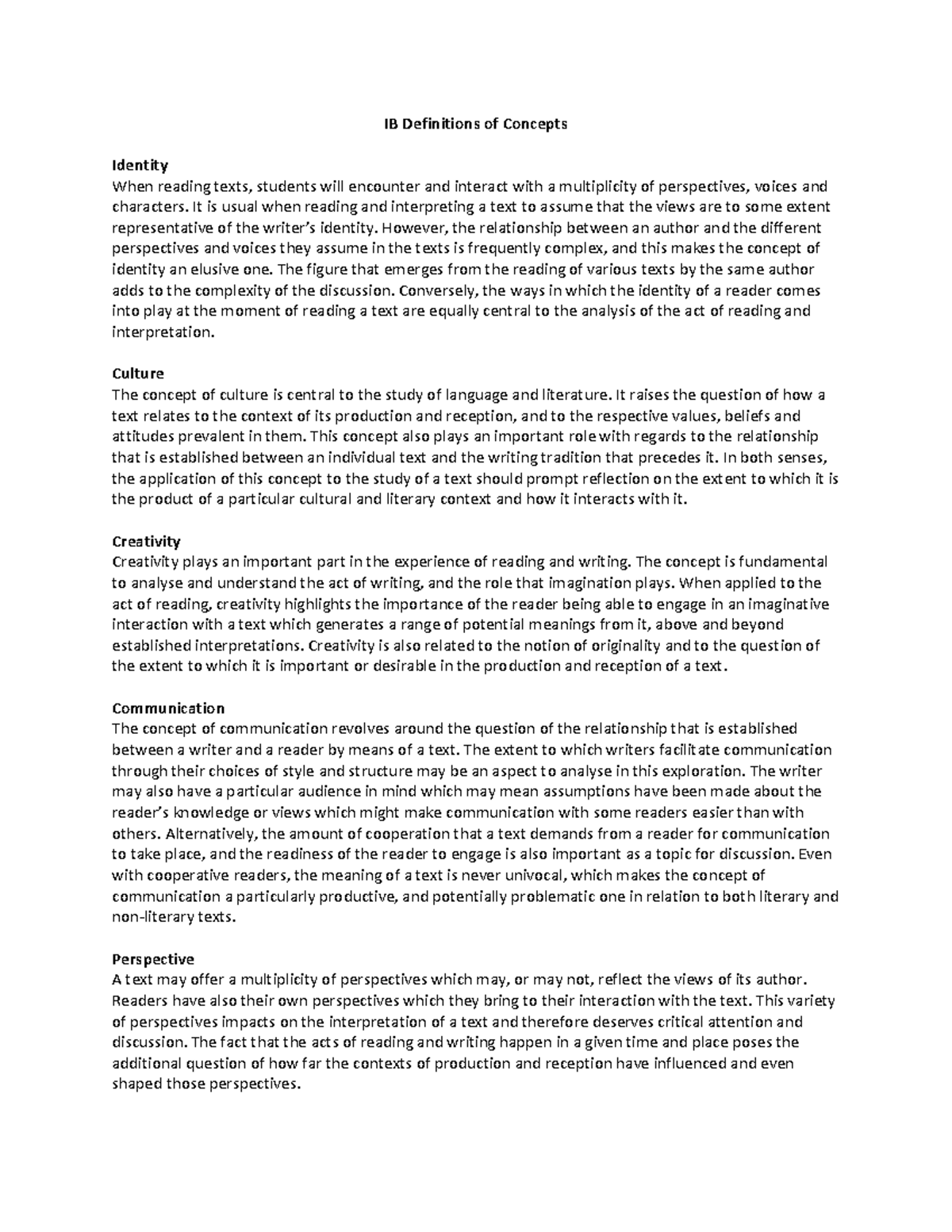 Seven concepts - IB Definitions of Concepts Identity When reading texts ...
