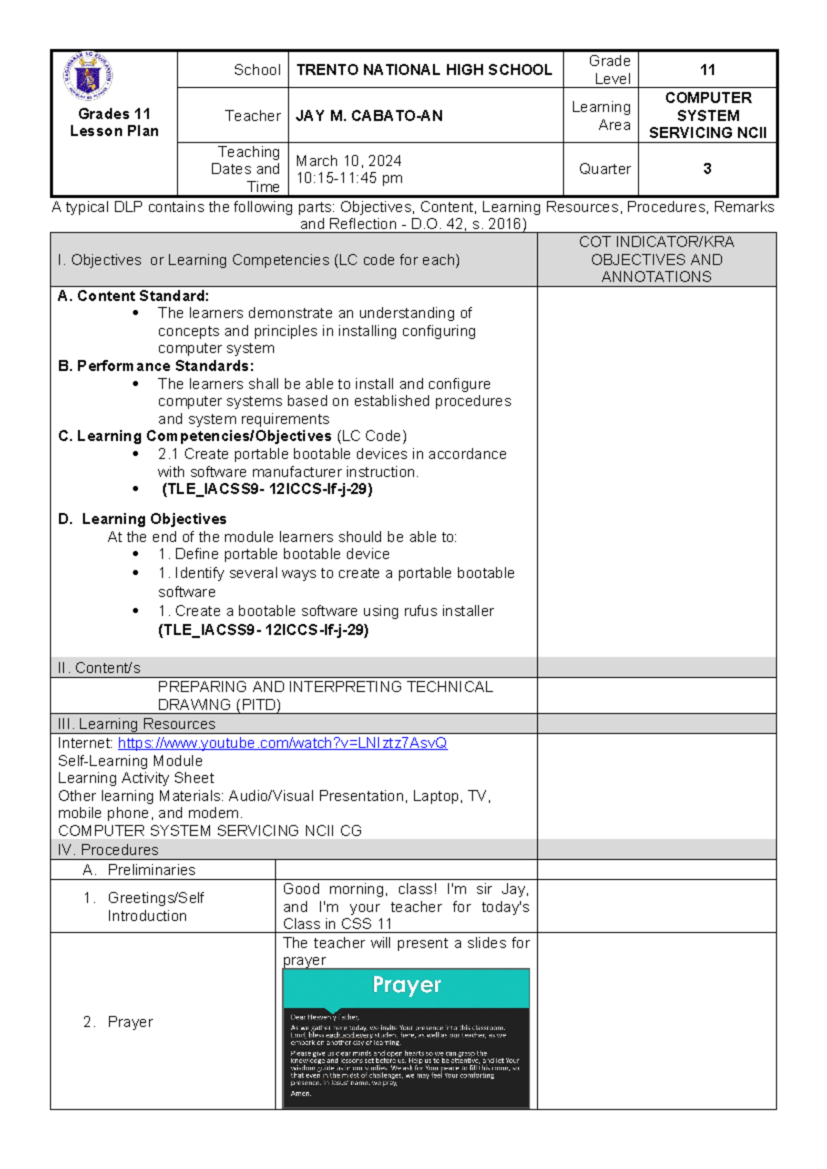 COT3 prepare installer - Grades 11 Lesson Plan School TRENTO NATIONAL ...