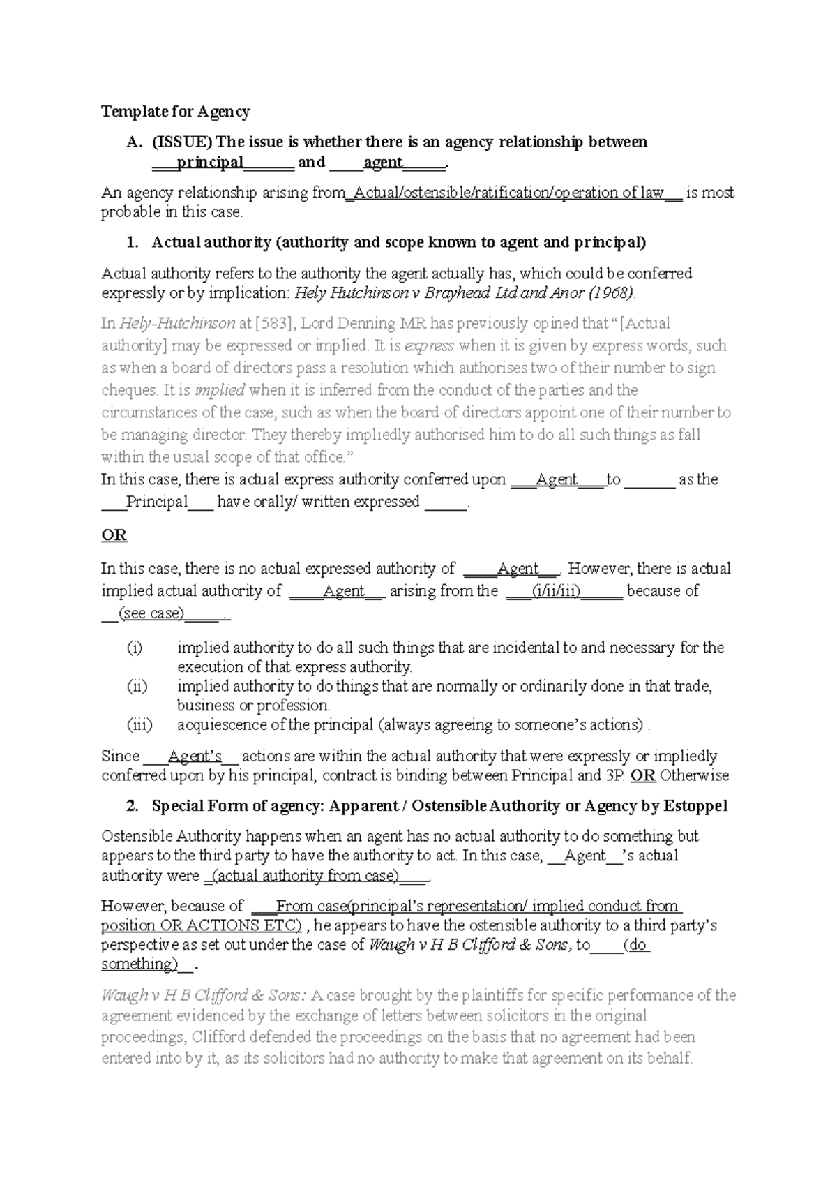 Template for Agency - (ISSUE) The issue is whether there is an agency ...