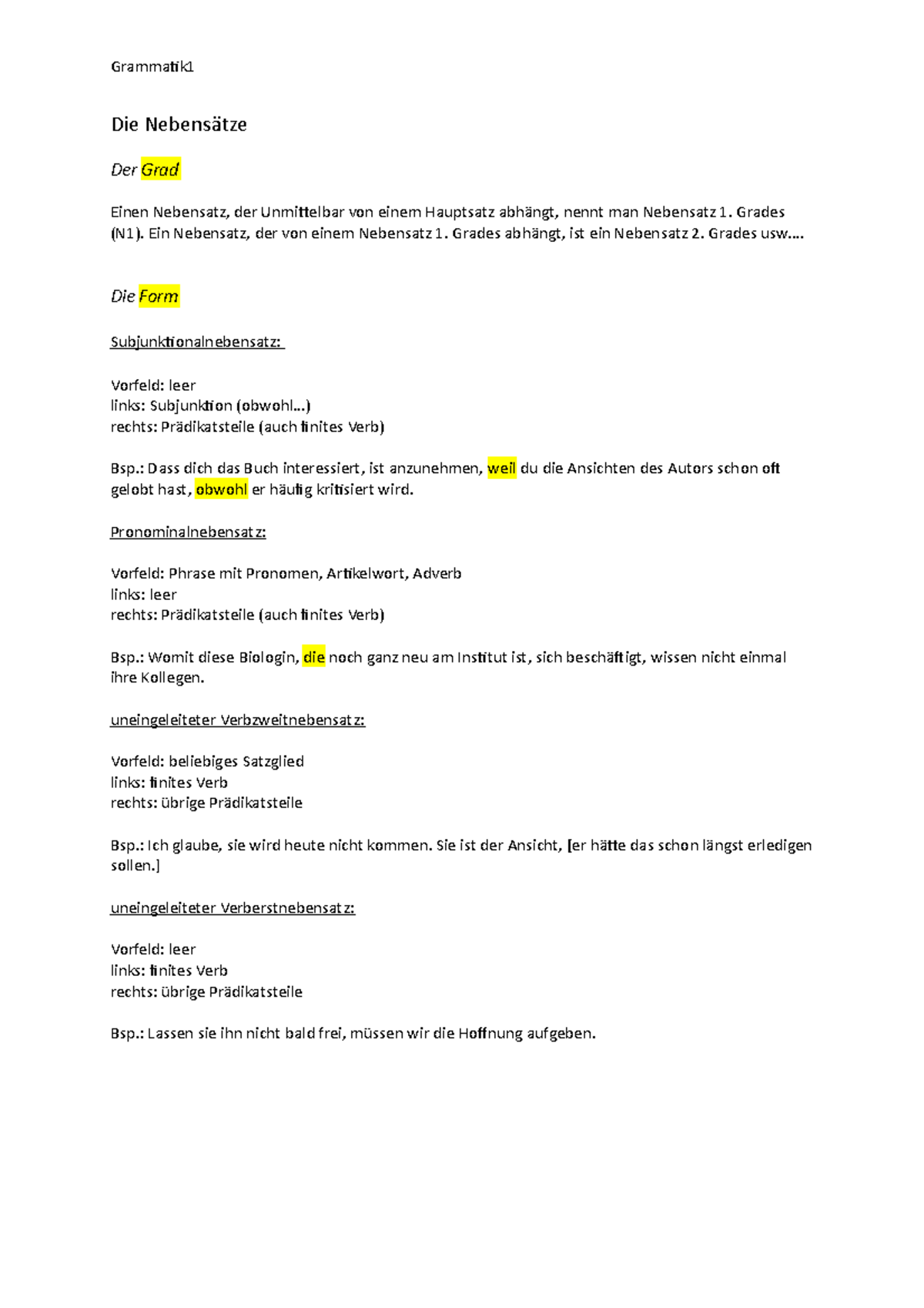 Grammatik 1 -Zusammenfassung Nebensätze und Attribute - Grammatik1 Die ...