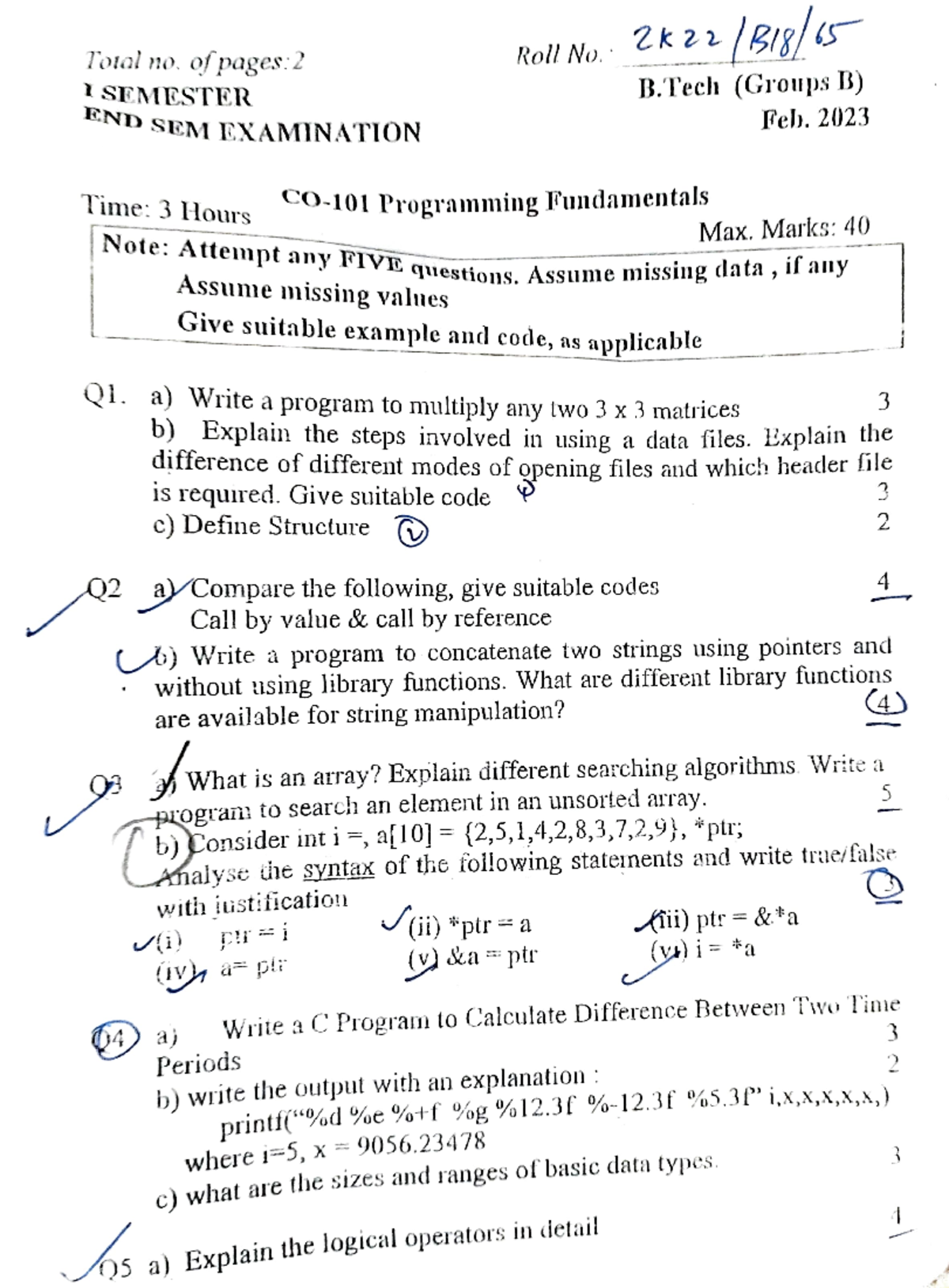 Endsem 2023 2 Pyq Roll No 2k28igs Toal No Of Pages I Semester B Groups B End Sem