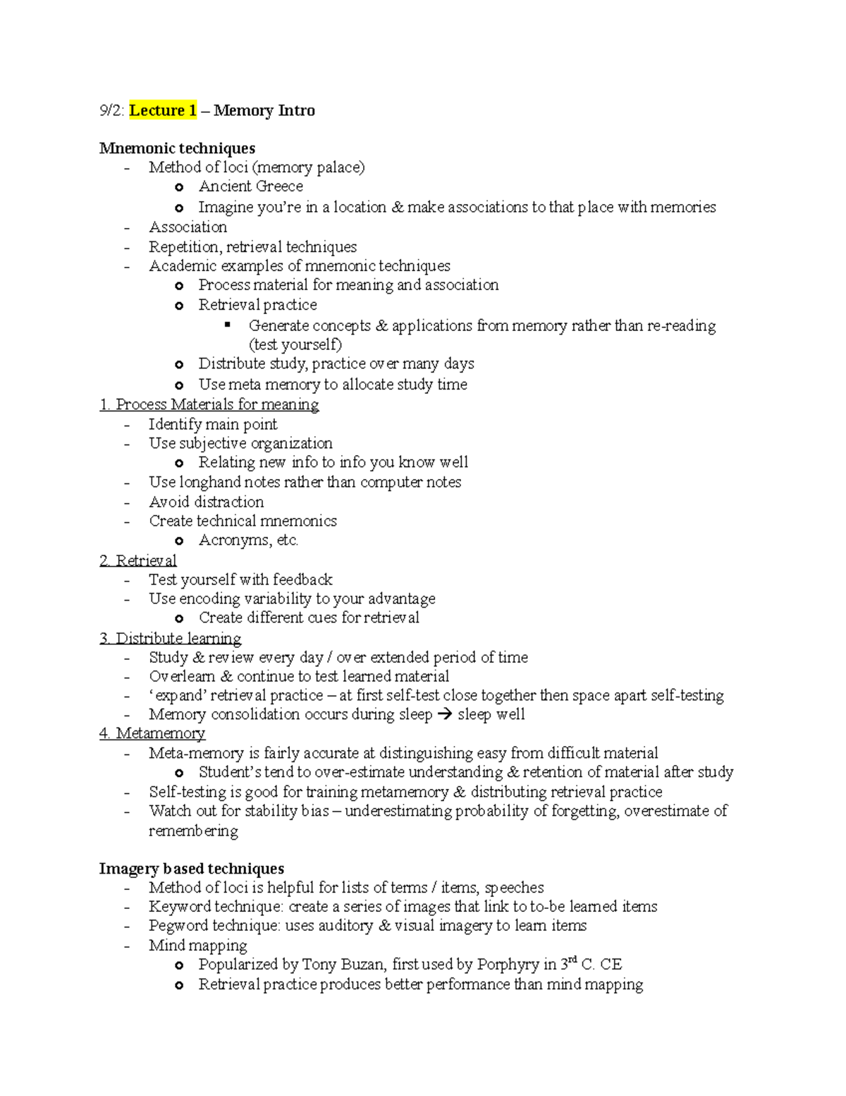 EXAM 1 (Ch. 1-4, Attention, Ch. 13) - 9/2: Lecture 1 – Memory Intro ...