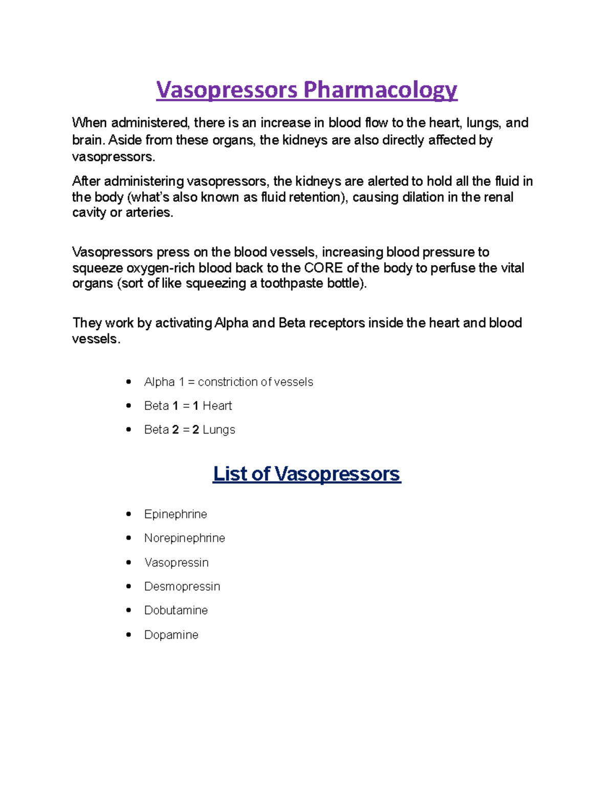 Vasopressors Pharmacology - Studocu