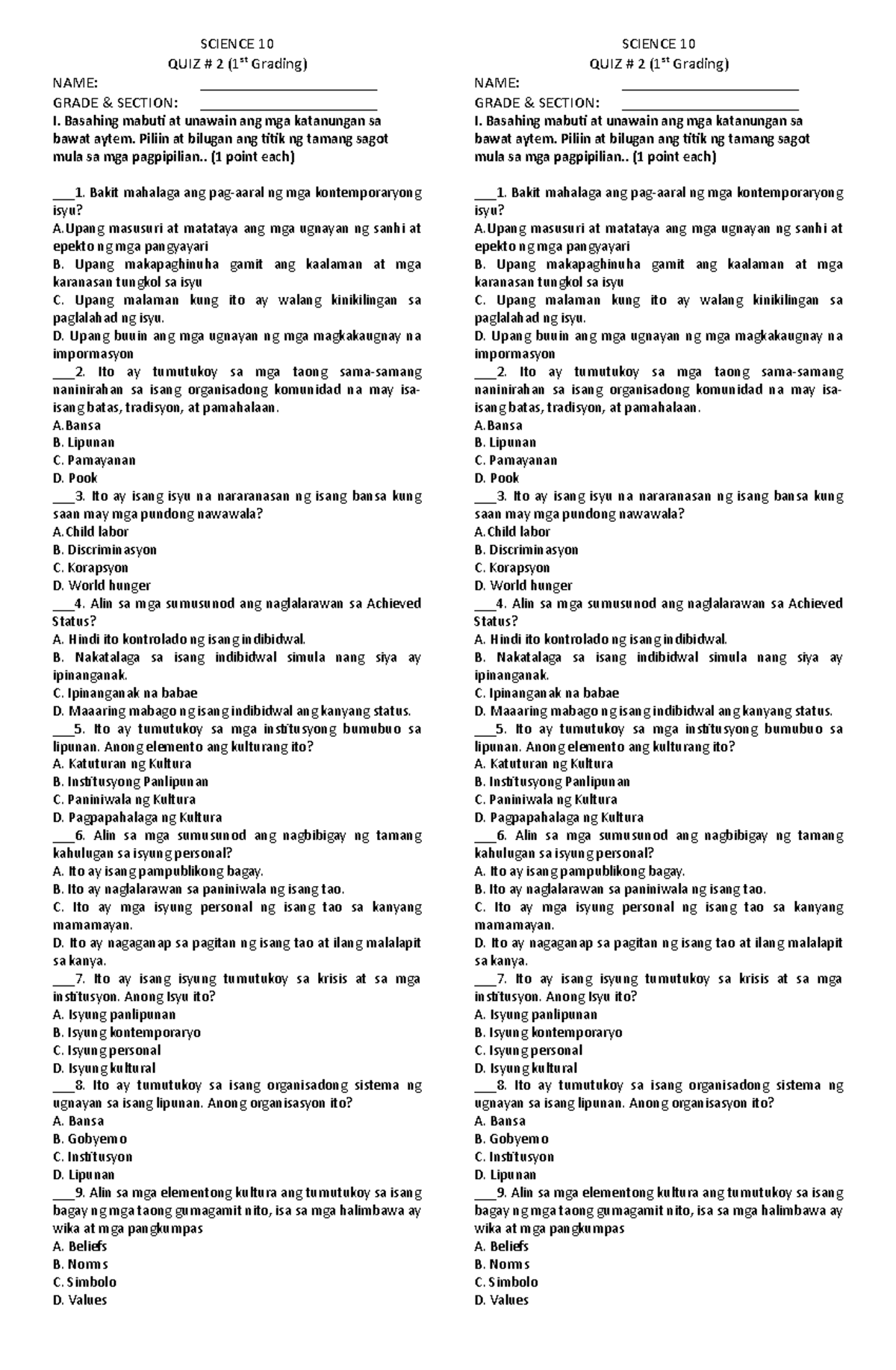 Quiz #1 (1st Grading) - SCIENCE 10 QUIZ # 2 (1st Grading) NAME: ______________________ GRADE ...